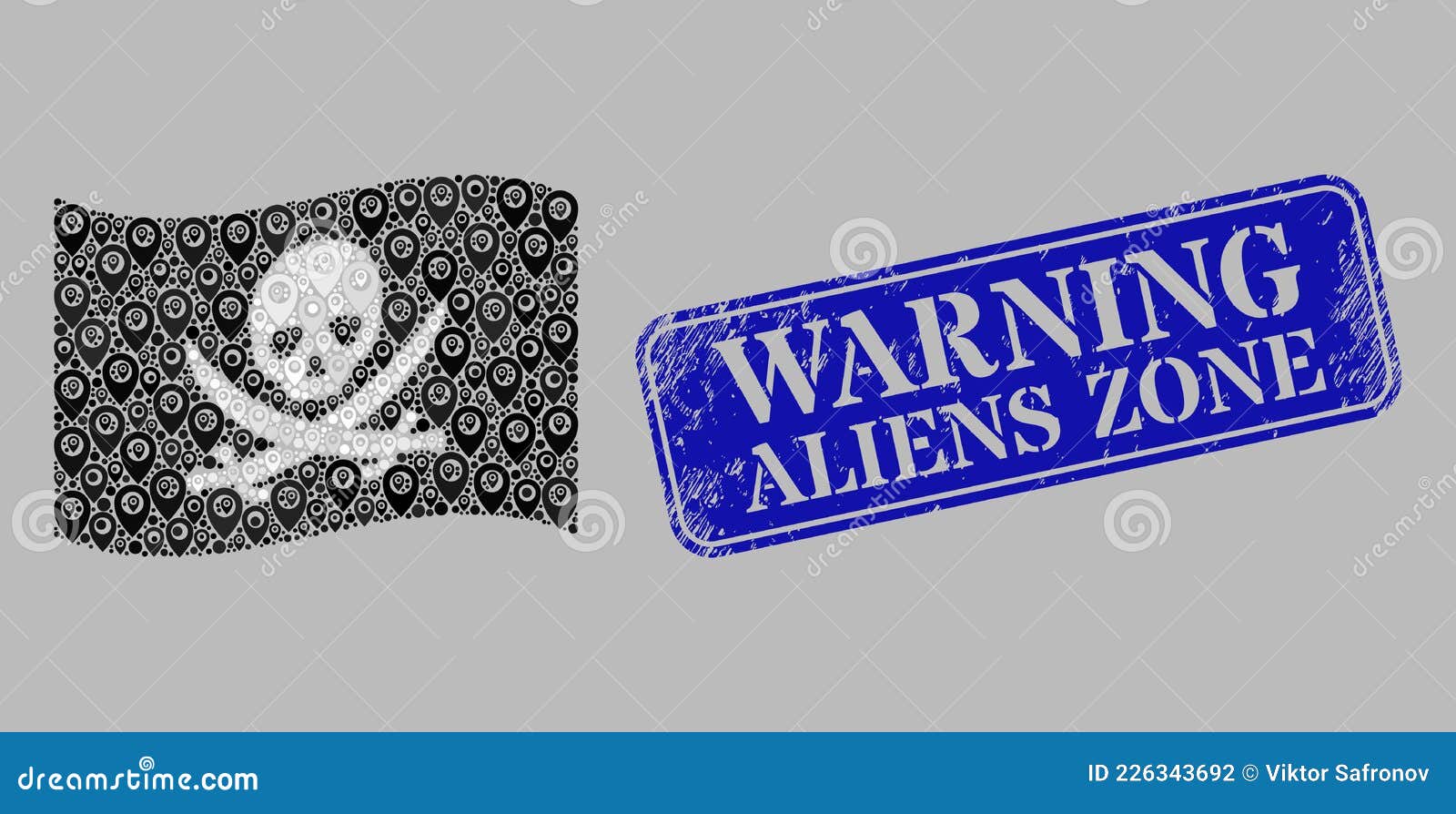 Textured Warning Aliens Zone Watermark and Pointer Waving Pirate Flag ...
