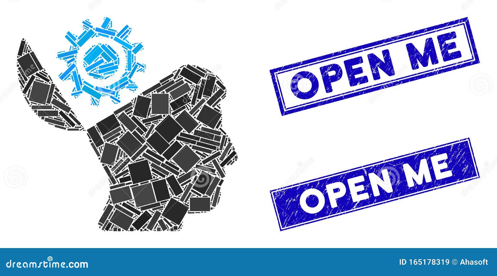 Open Head Gear Mosaic and Grunge Rectangle Open Me Stamp Seals Stock ...