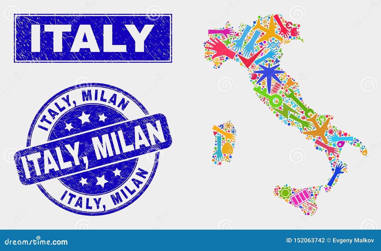 Mosaic Service Italy Map and Grunge Italy, Milan Watermark Stock Vector ...