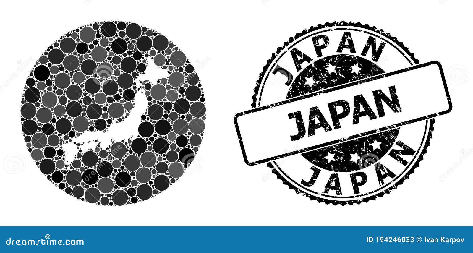 Mosaic Stencil Circle Map of Japan and Watermark Seal Stock Vector ...