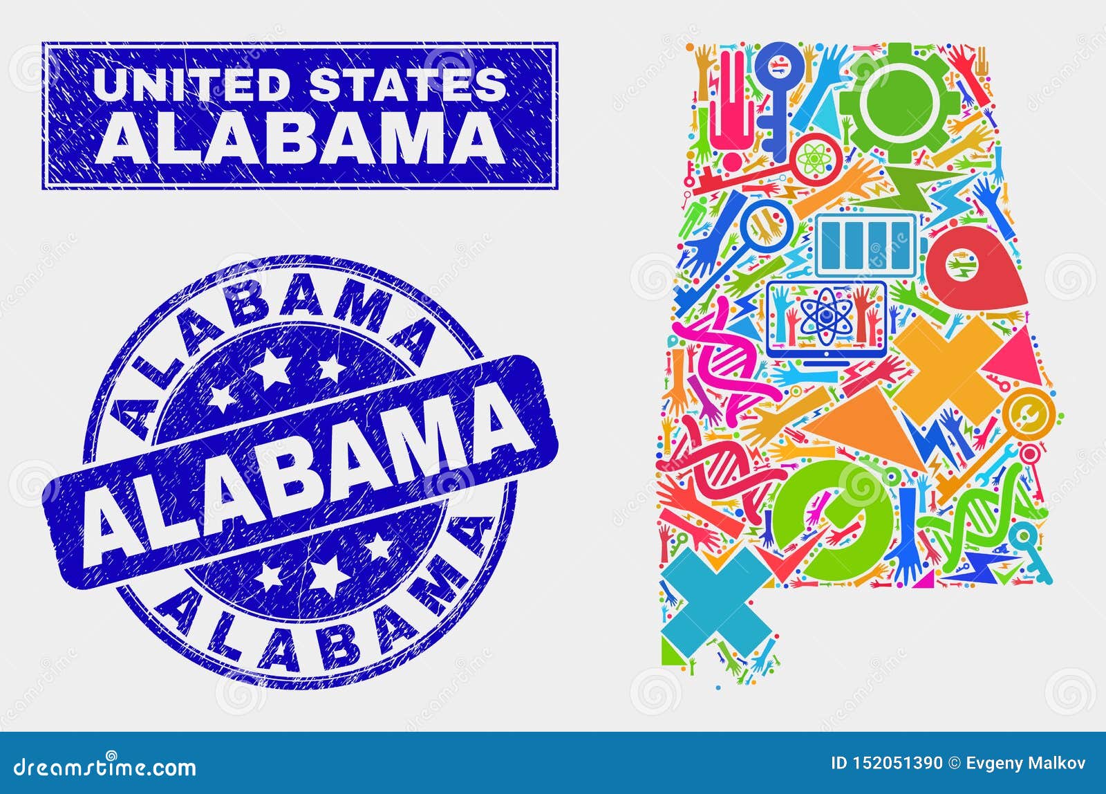 Mosaic Technology Alabama State Map and Grunge Alabama Seal Stock ...