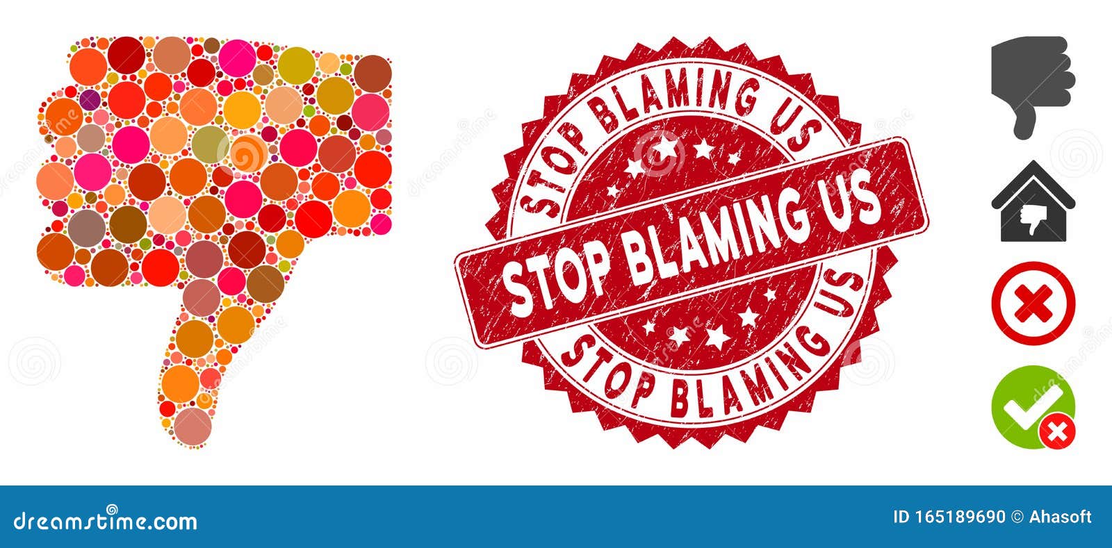 Mosaic Thumb Down Icon with Scratched Stop Blaming Us Seal Stock ...