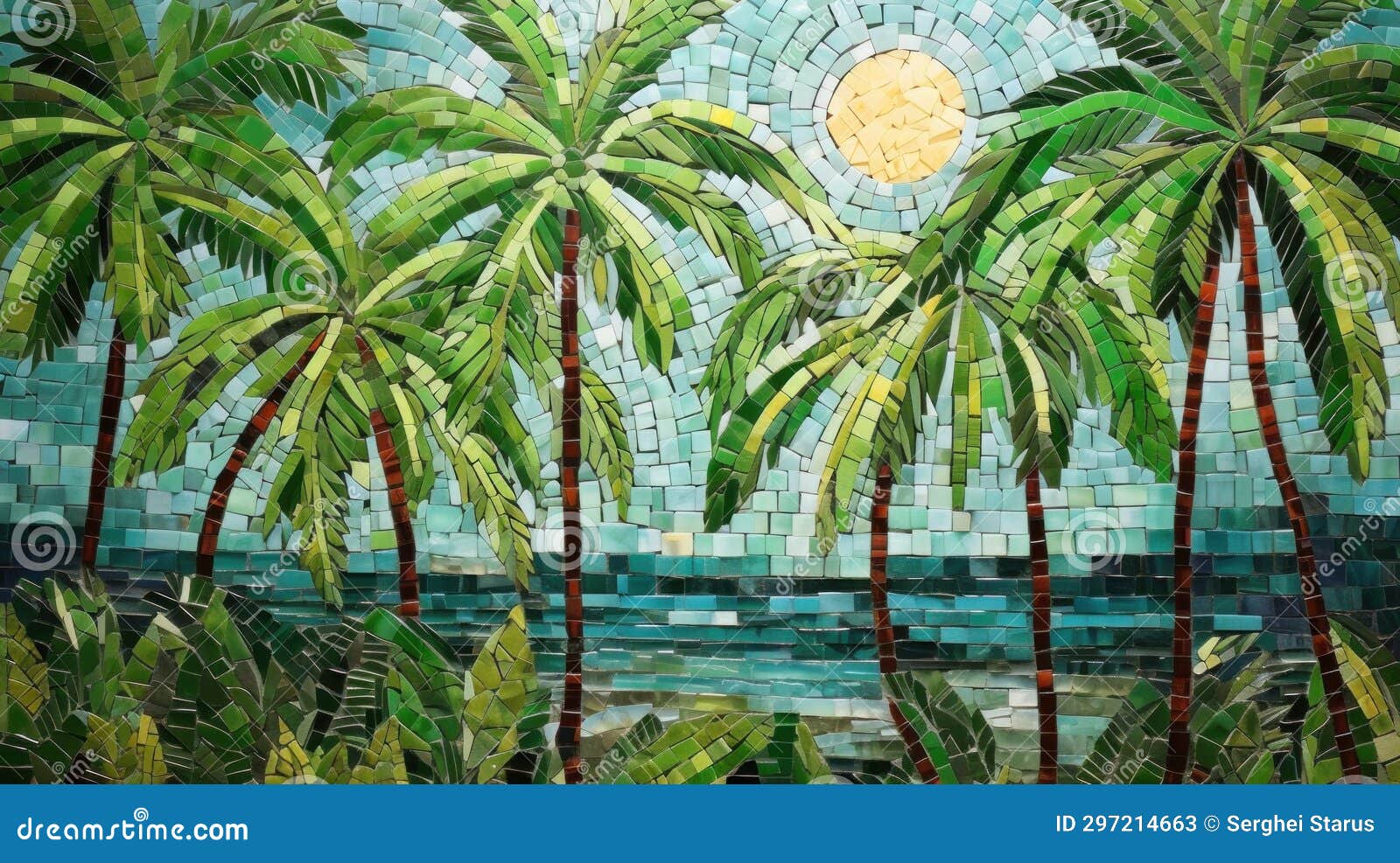 A Mosaic Tile Painting of Palm Trees on the Beach, AI Stock Image ...