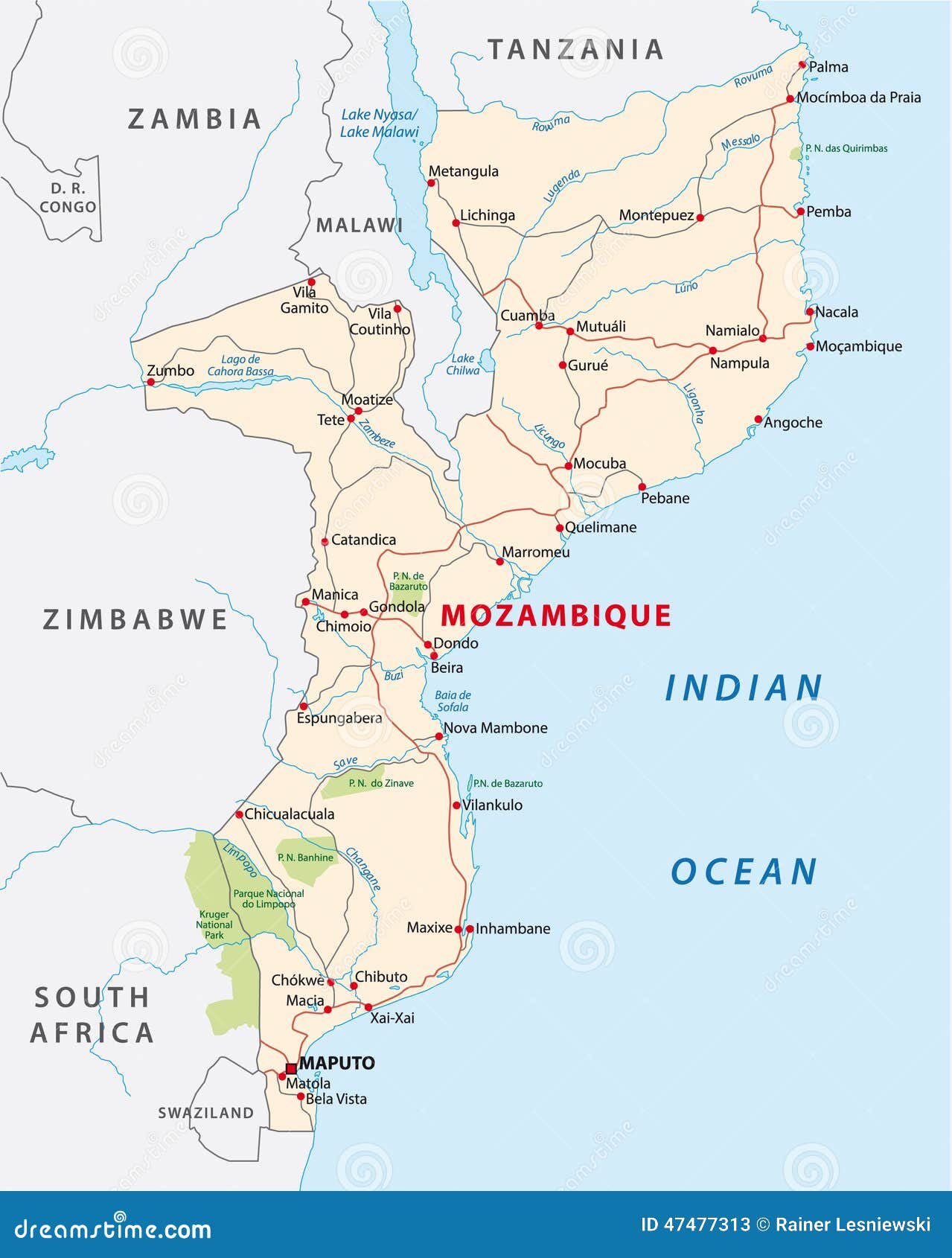 Mosambik-Straßenkarte vektor abbildung. Illustration von blau - 47477313