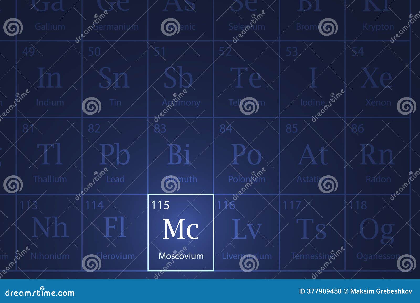 Moscovium As Element 115 Of The Periodic Table 3D Illustration On Blue ...