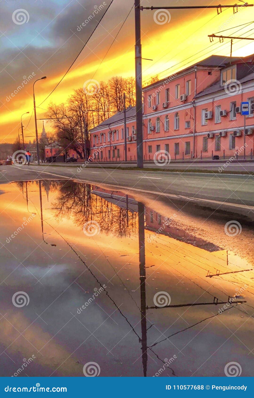 Sunset Reflection in the Puddle Editorial Stock Photo - Image of city ...