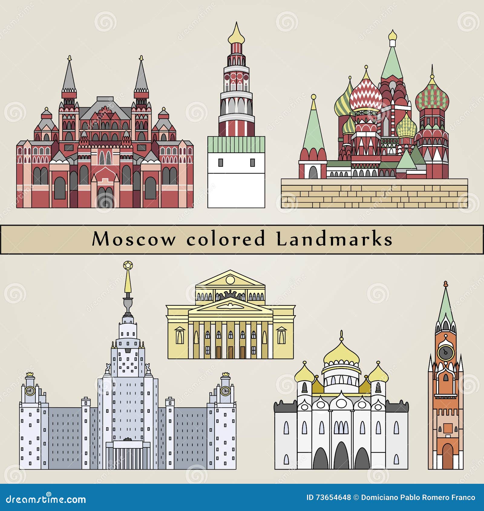 Moscow colored Landmarks stock vector. Illustration of travel - 73654648