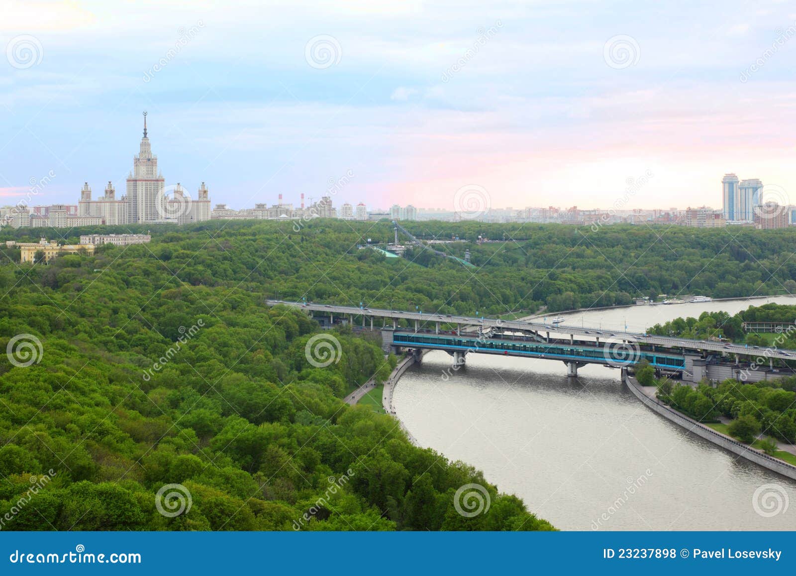 Moscow River, Luzhnetskaya Bridge and MSU Stock Photo - Image of ...