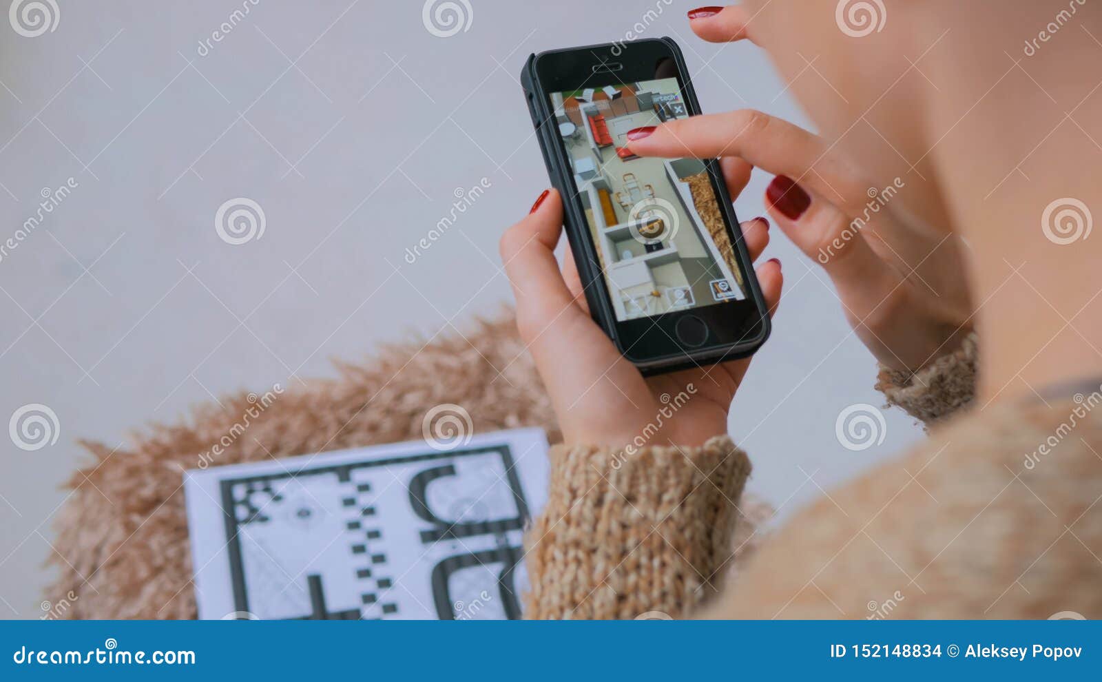Woman Using Smartphone with Augmented Reality App, Checking Virtual ...