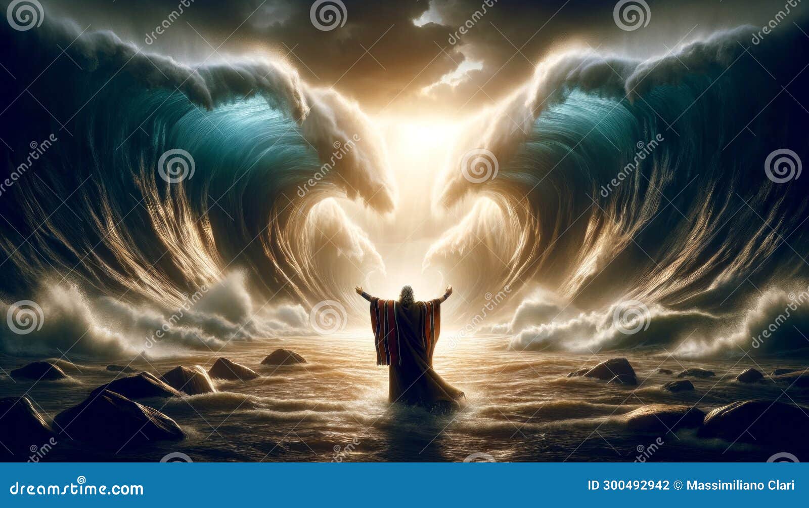 Moses Parting the Red Sea, with Big Waves of Water on Either Side and a ...