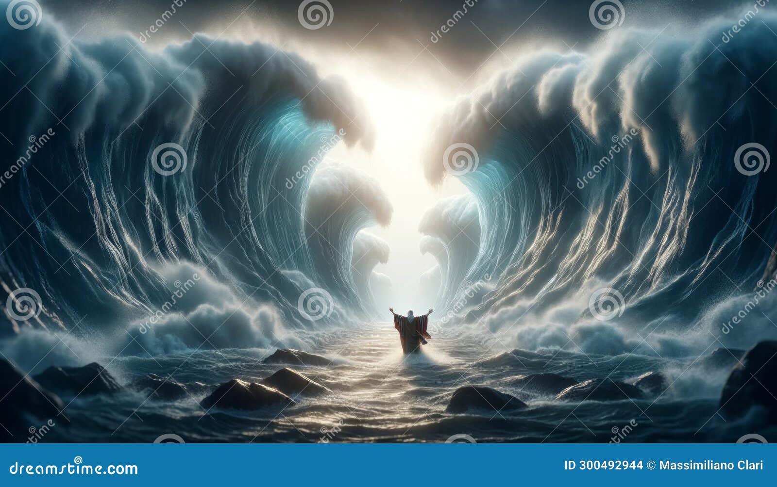 Moses Parting the Red Sea, with Big Waves of Water on Either Side and a ...