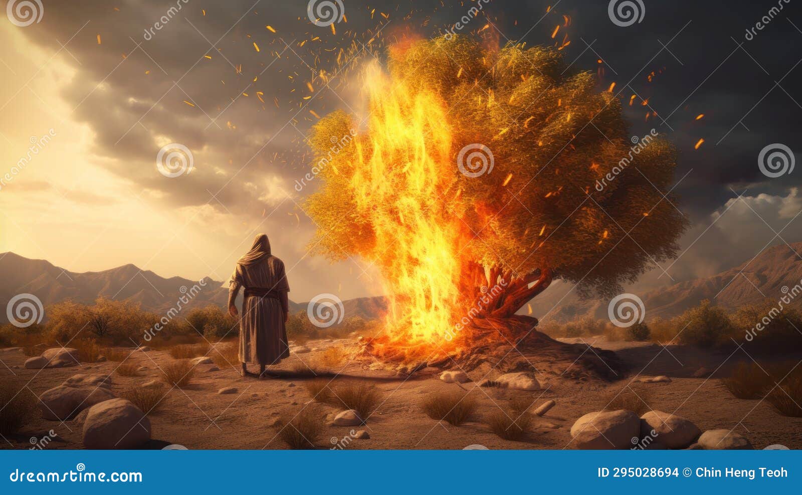 Moses Standing in Front of a Burning Tree in the Desert Stock ...