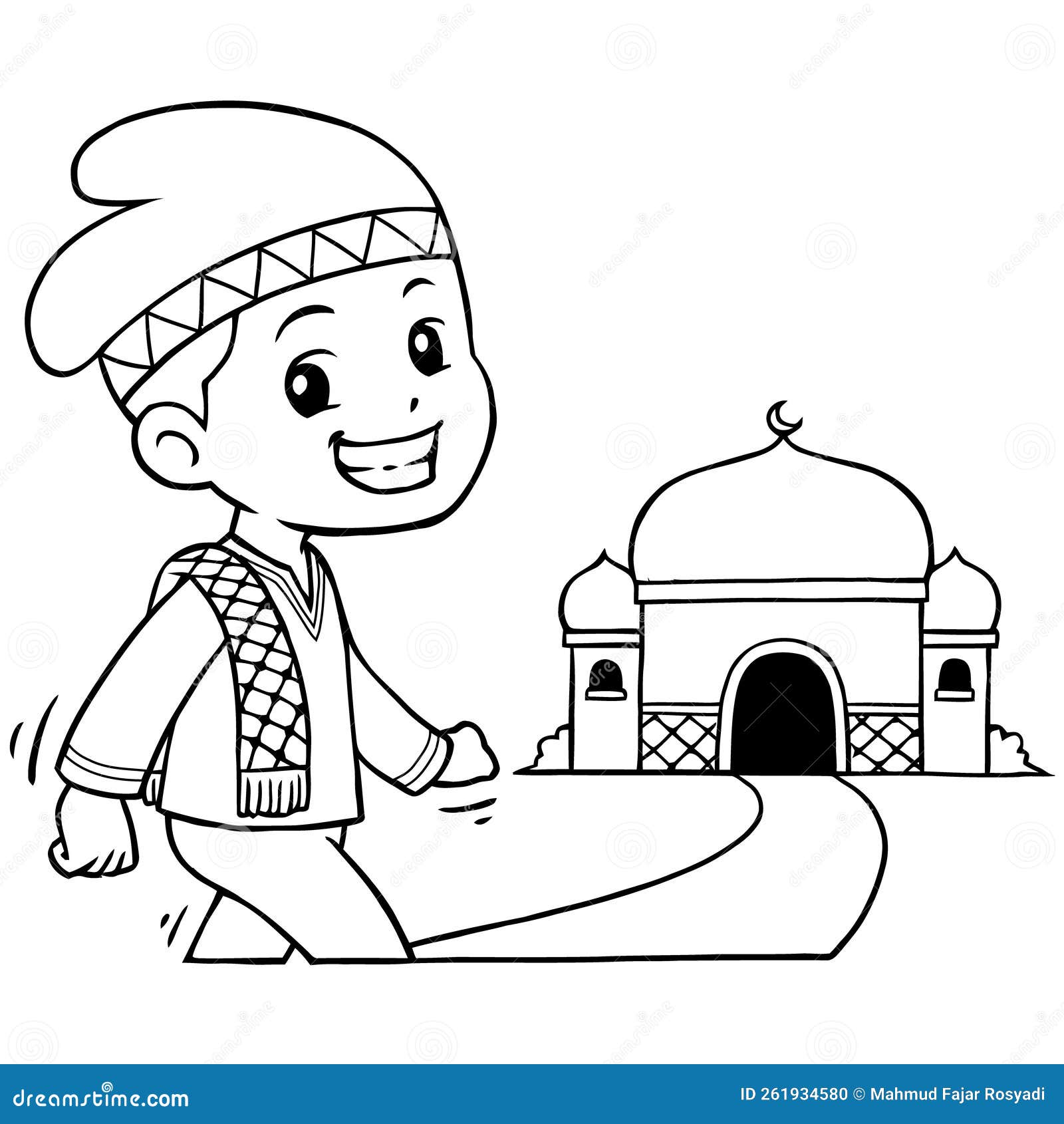 Moslem Boy Character Going To Mosque BW Stock Illustration ...