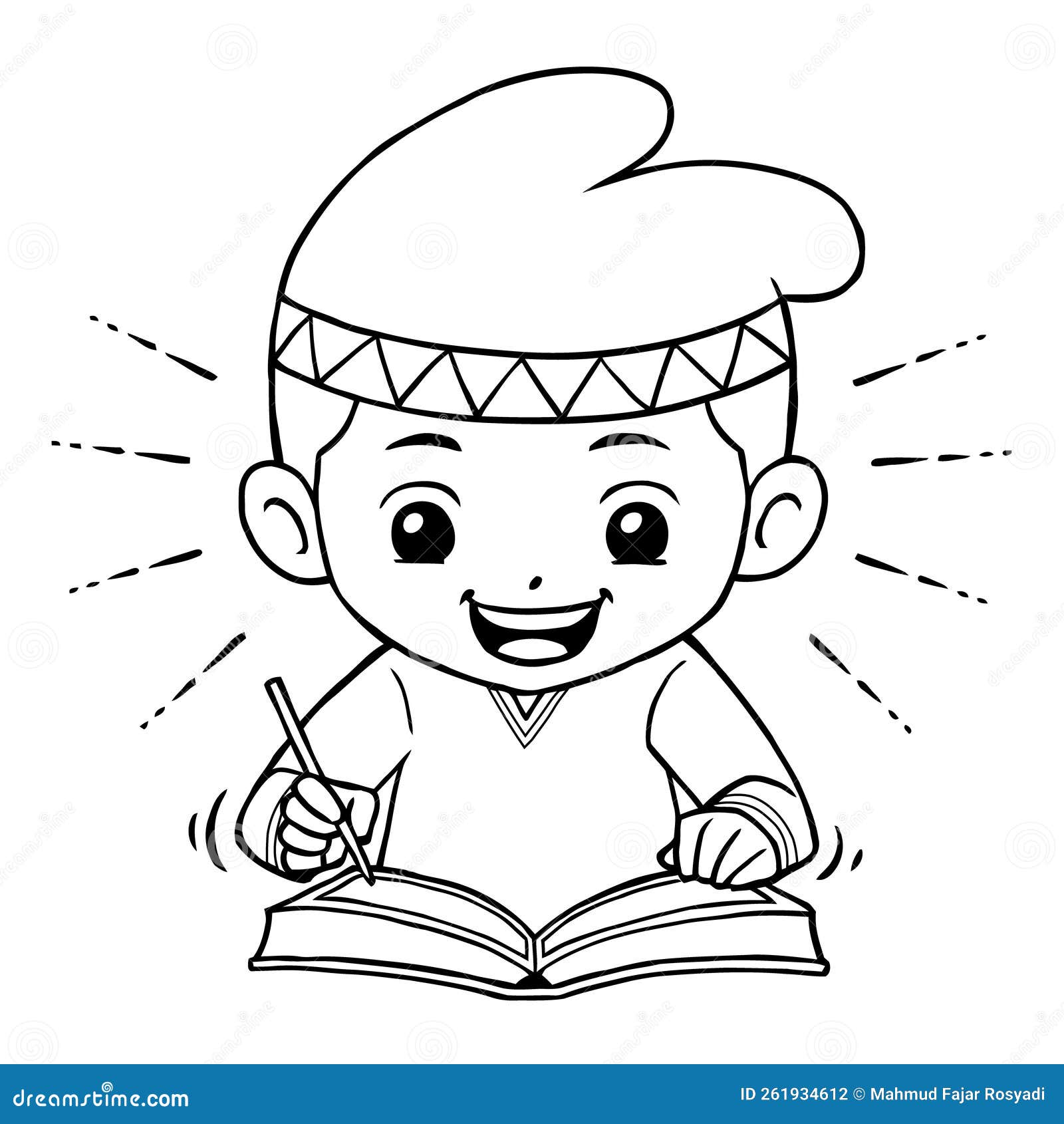 Moslem Boy Character Reading Quran Pose BW Stock Illustration ...