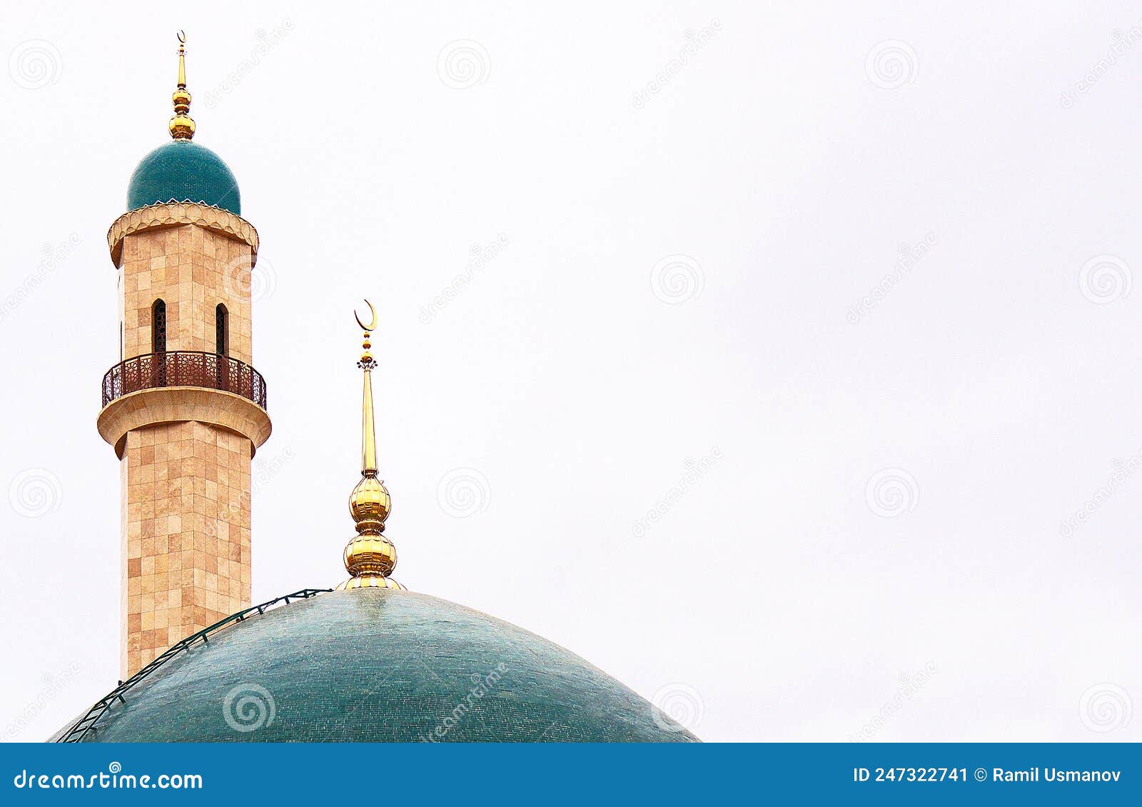 Mosque with Beautiful Green Domes and Minaret. Stock Image - Image of ...