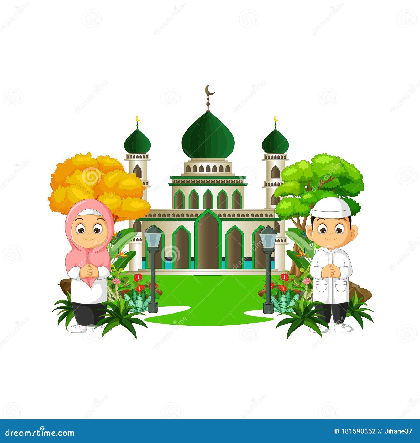 Mosque Cartoon with Kids stock vector. Illustration of arab - 181590362