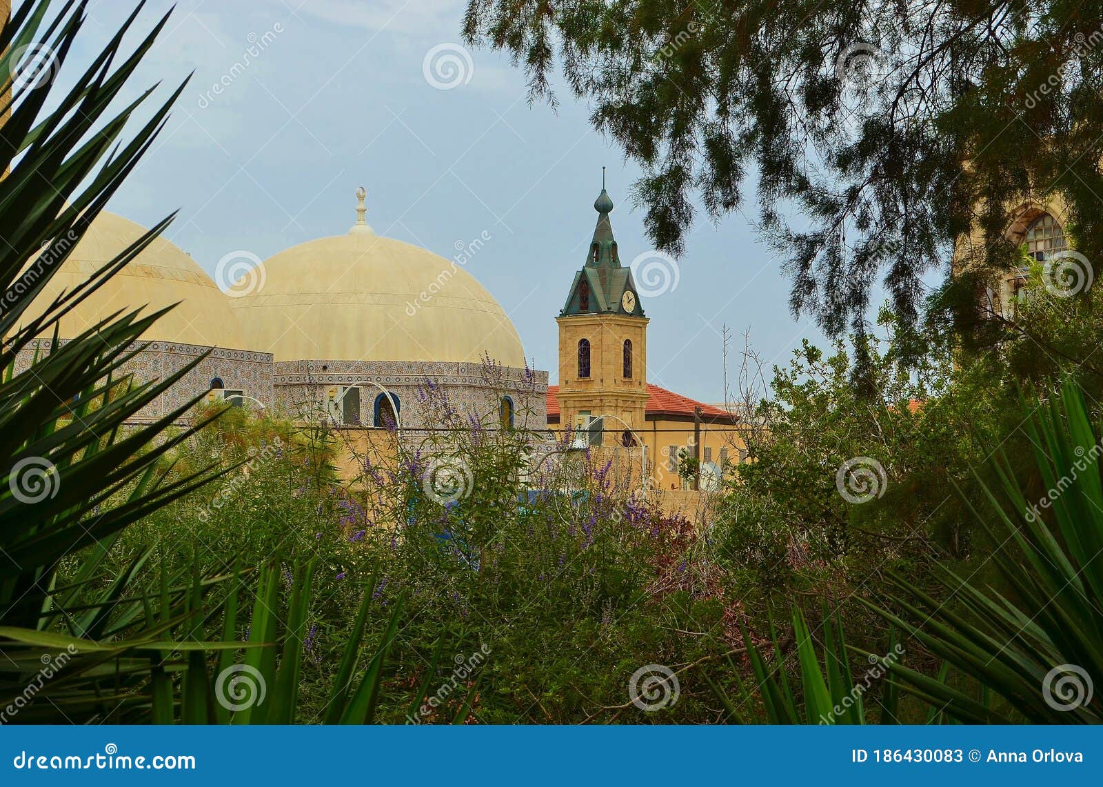 Mosque and Clock Tower in Jaffa Stock Image - Image of jaffa, bush ...