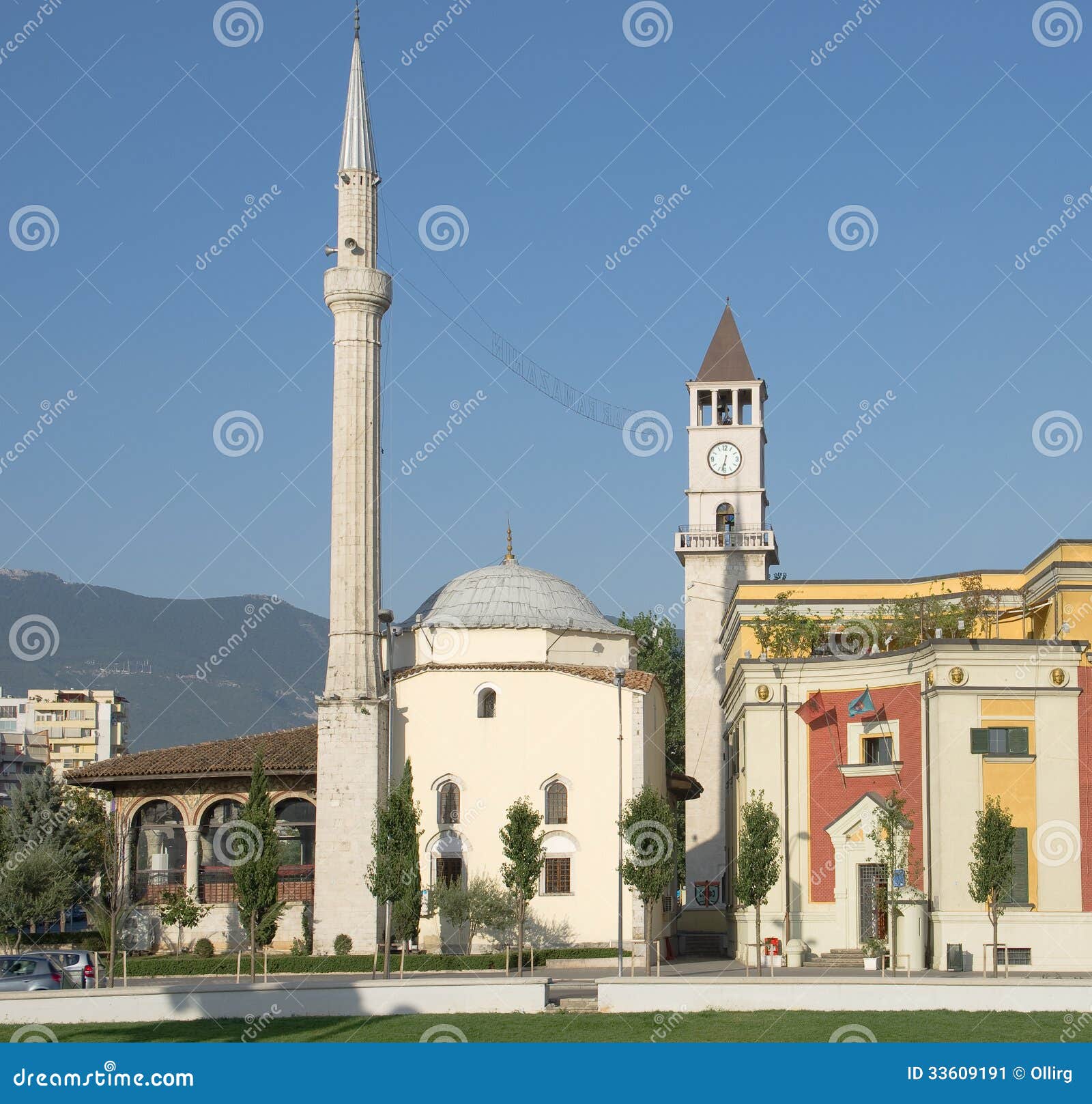 Mosque and Clock Tower in Tirana Stock Image - Image of clear ...