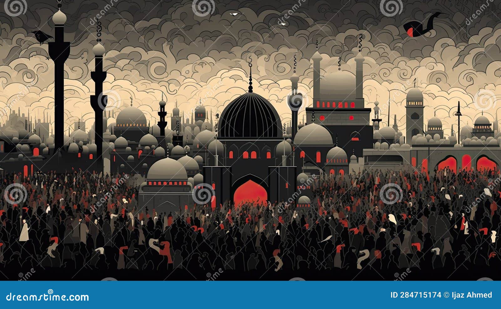 Mosque with Crowd of People in Front of it. Vector Illustration. AI ...