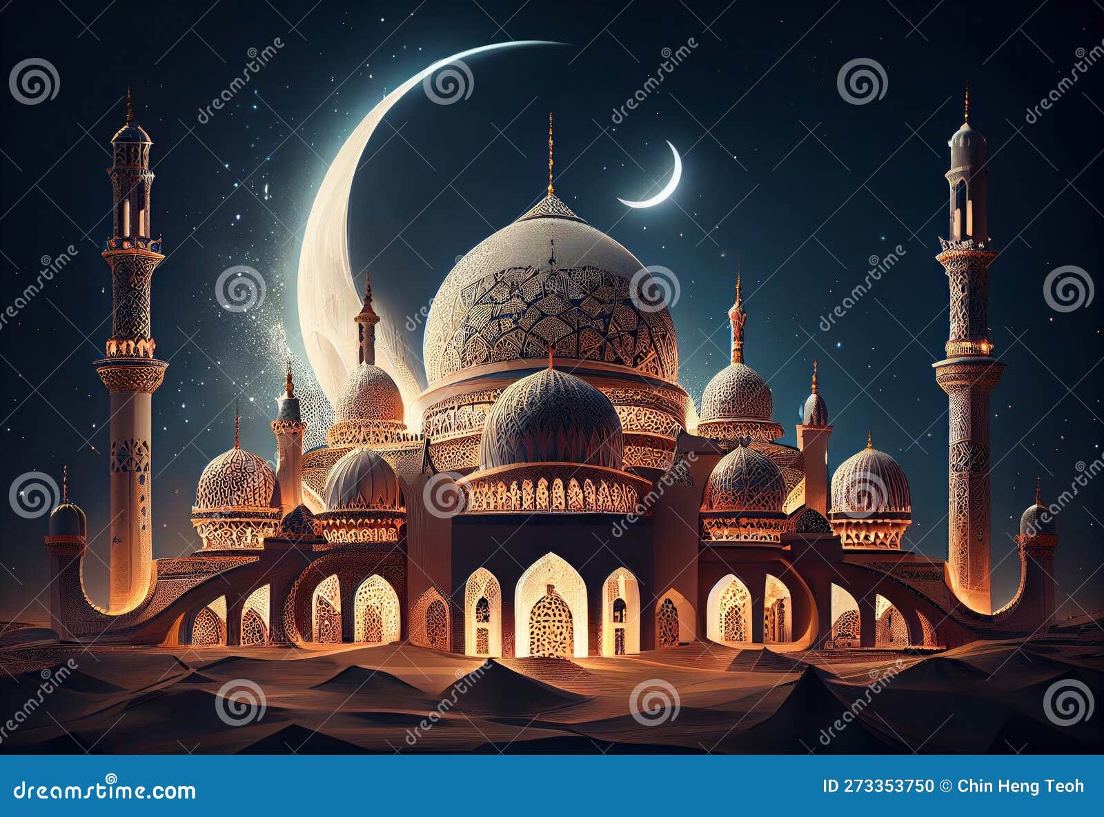 Mosque in Desert with Crescent Moon and Stars. Generative AI Stock ...