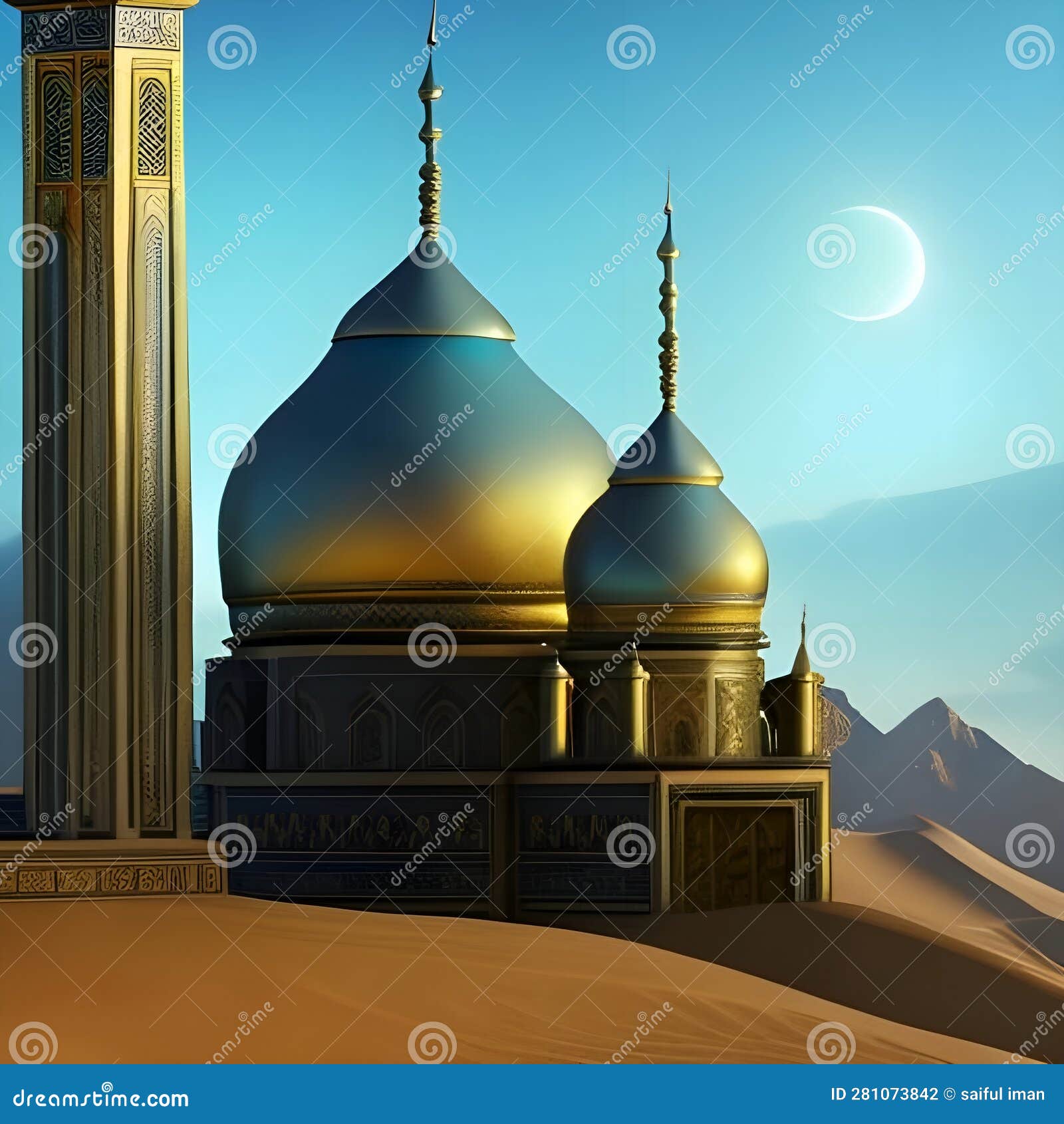 Mosque Illustration at Peak of Mountain at Sunset for Background Stock ...