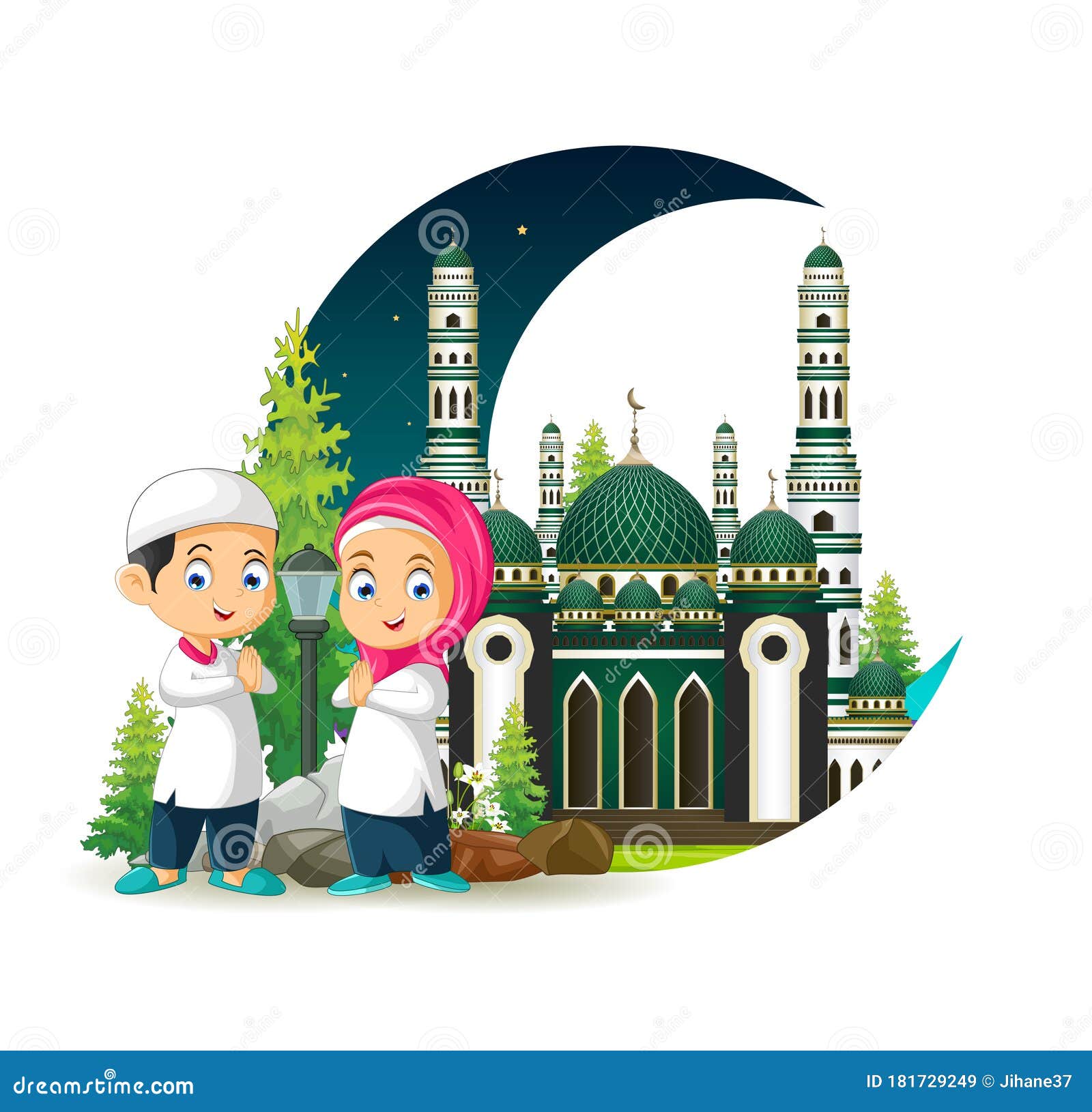 Mosque with Kids Cartoon and Crescent Moon Stock Illustration ...