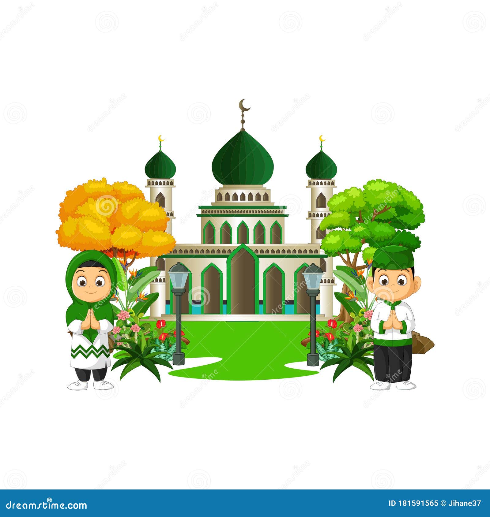 Mosque with Kids Cartoon stock vector. Illustration of design - 181591565