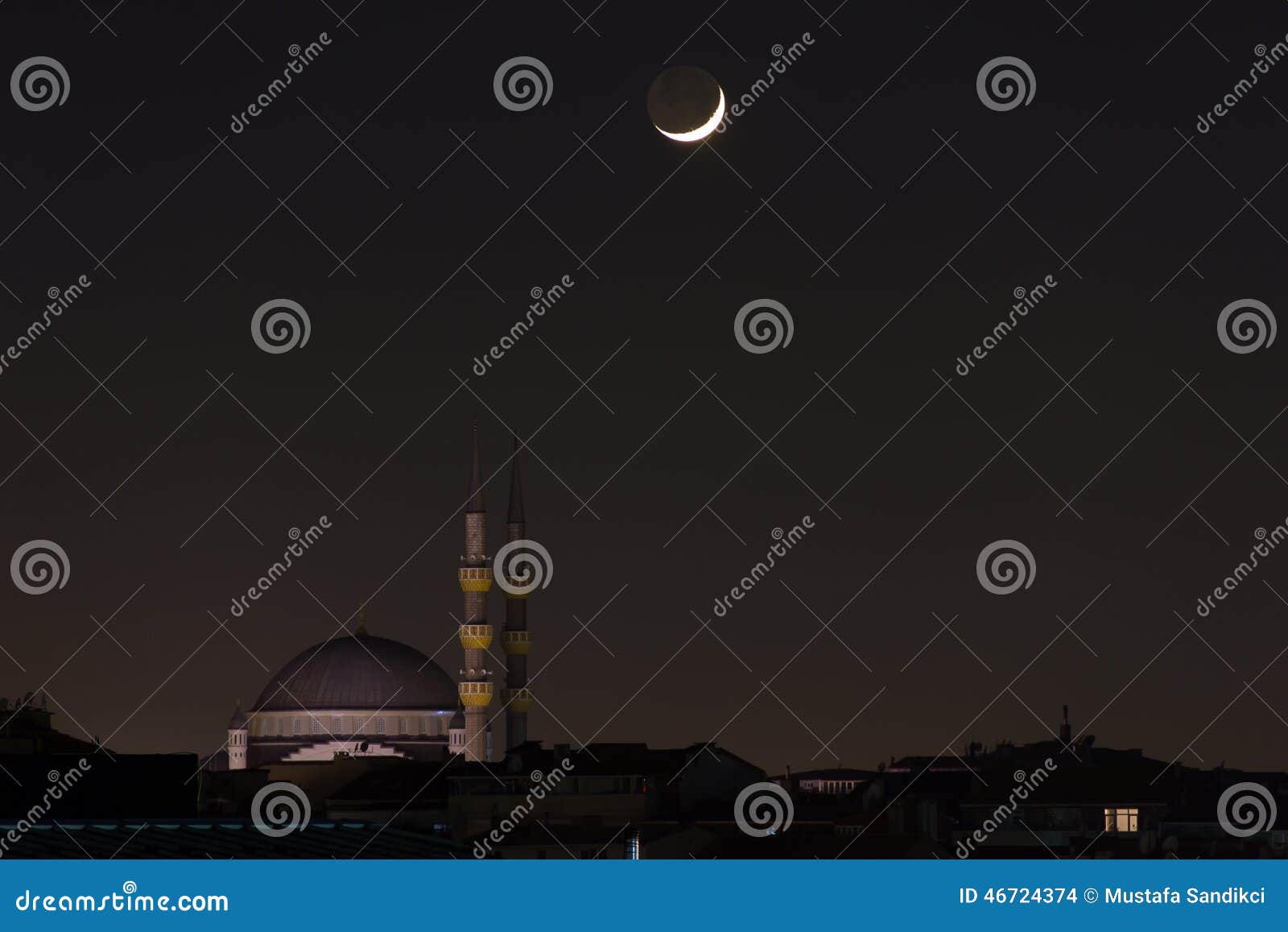 Mosque with moon stock photo. Image of prayer, tower - 46724374