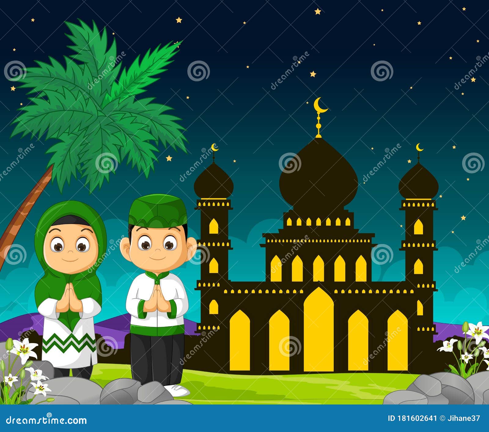 Mosque in Night Cartoon with Kids Stock Vector - Illustration of simple ...