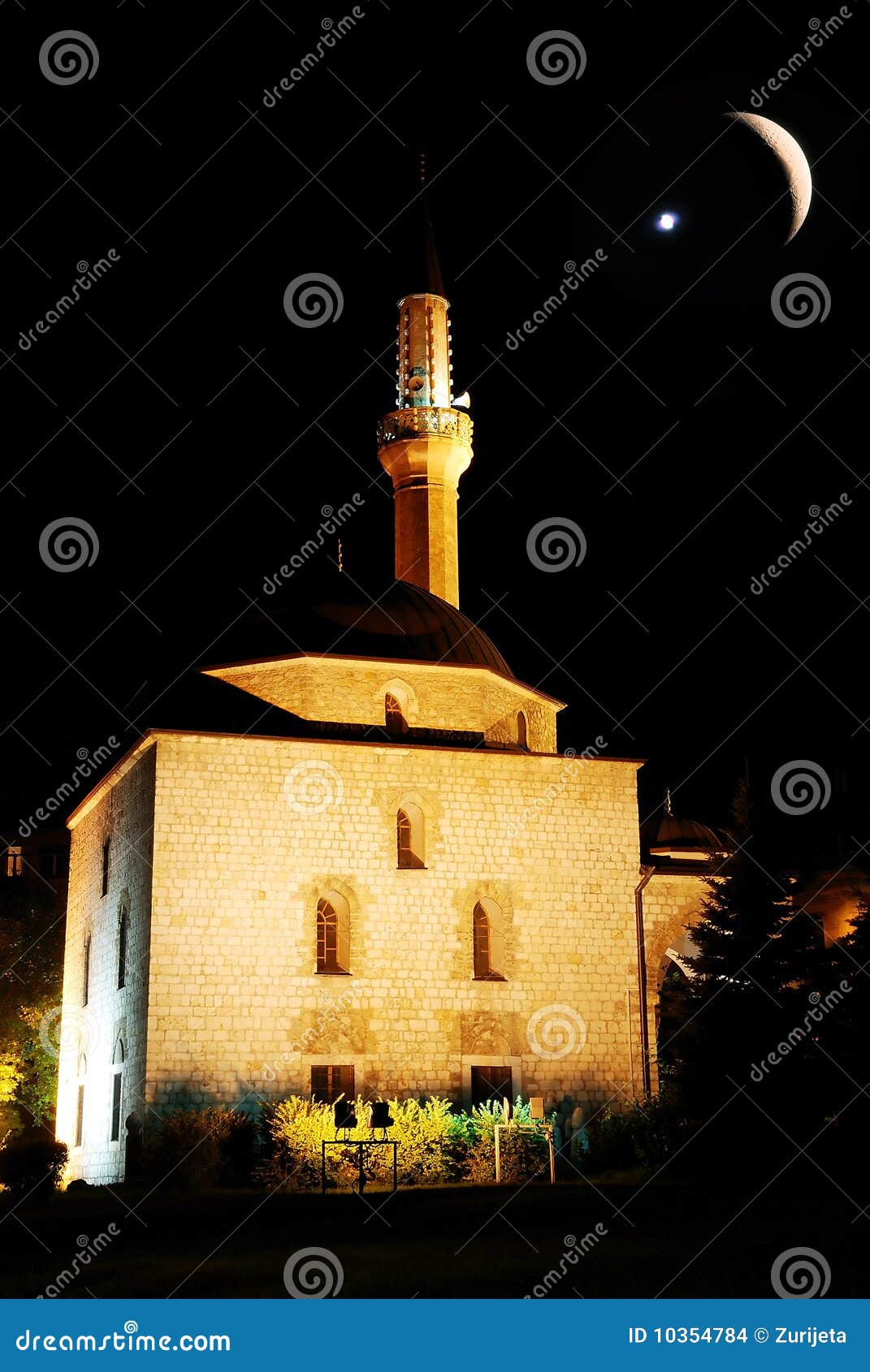 Mosque at Night and Crescent Stock Photo - Image of crescent, masjid ...