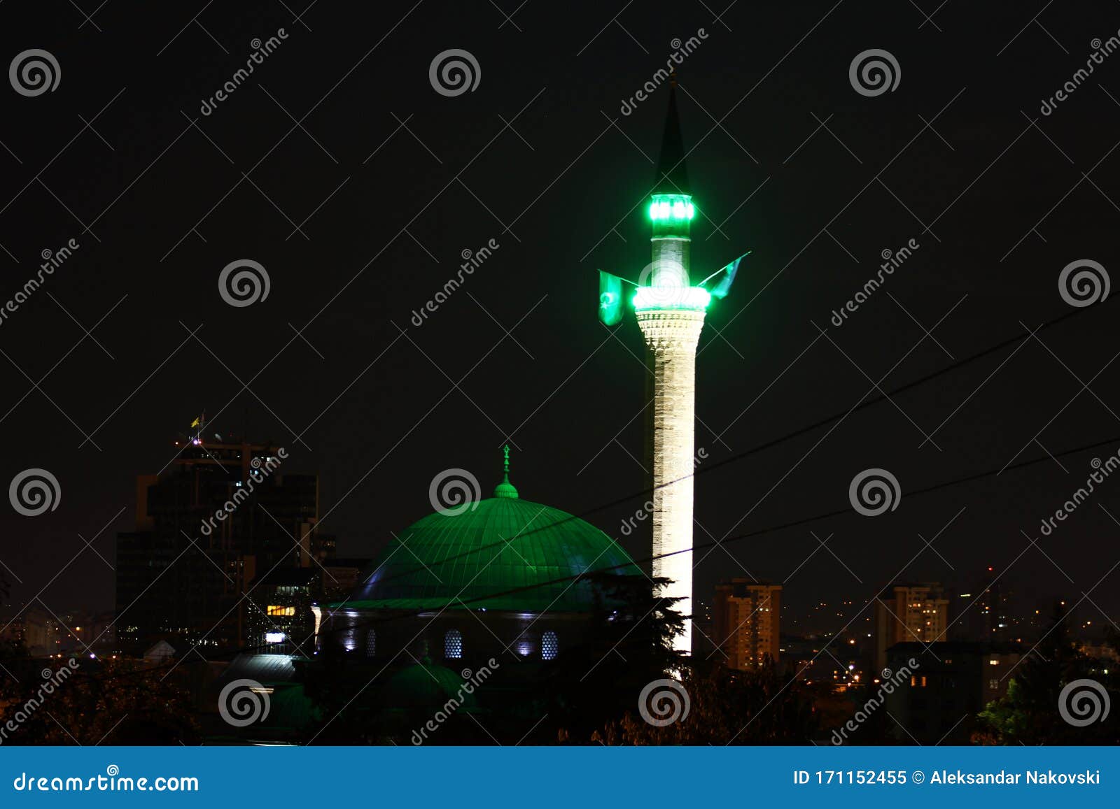 Mosque at Night with Green Light Stock Image - Image of culture ...