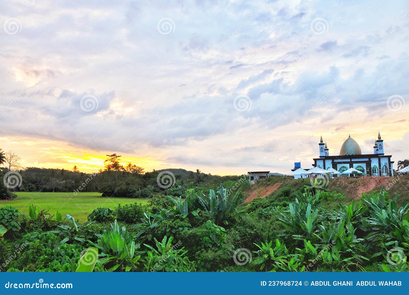 Mosque and Paddy Fields with Sunset Background Stock Photo - Image of ...