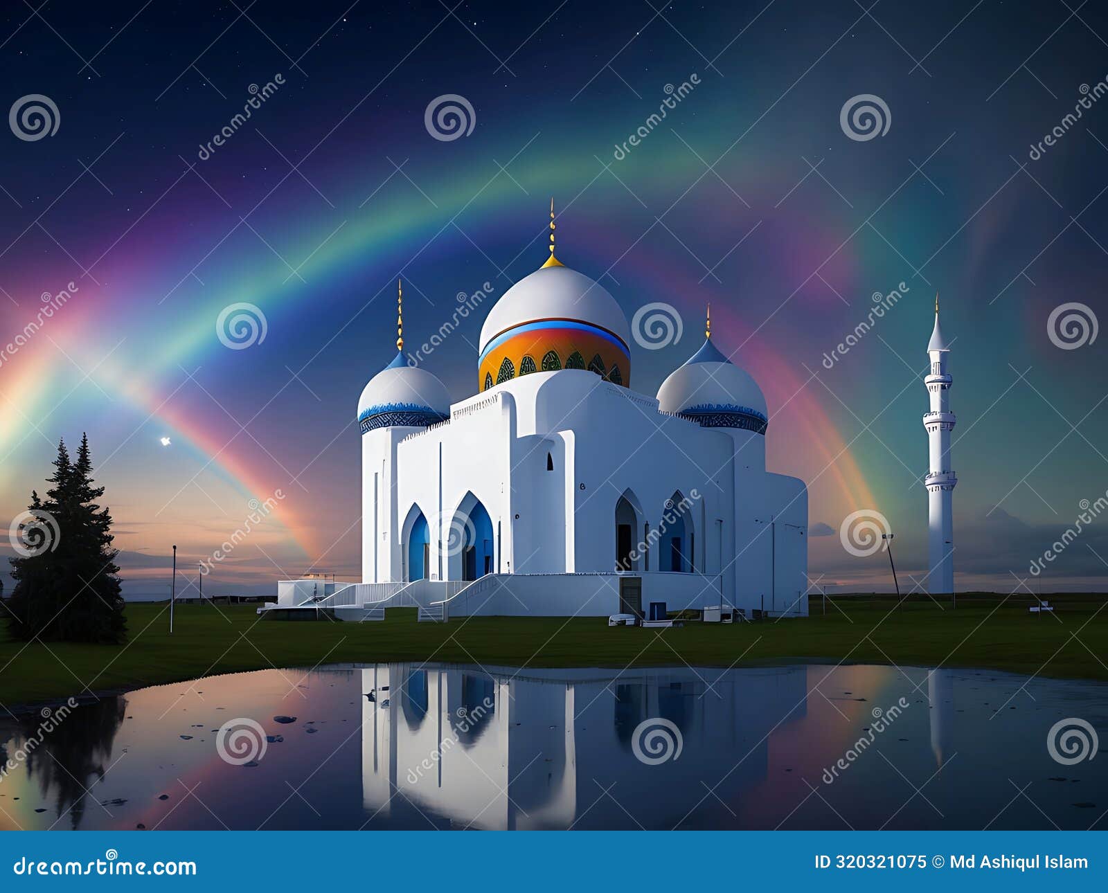 A Mosque with a Rainbow in the Sky and the Reflection of a Building ...