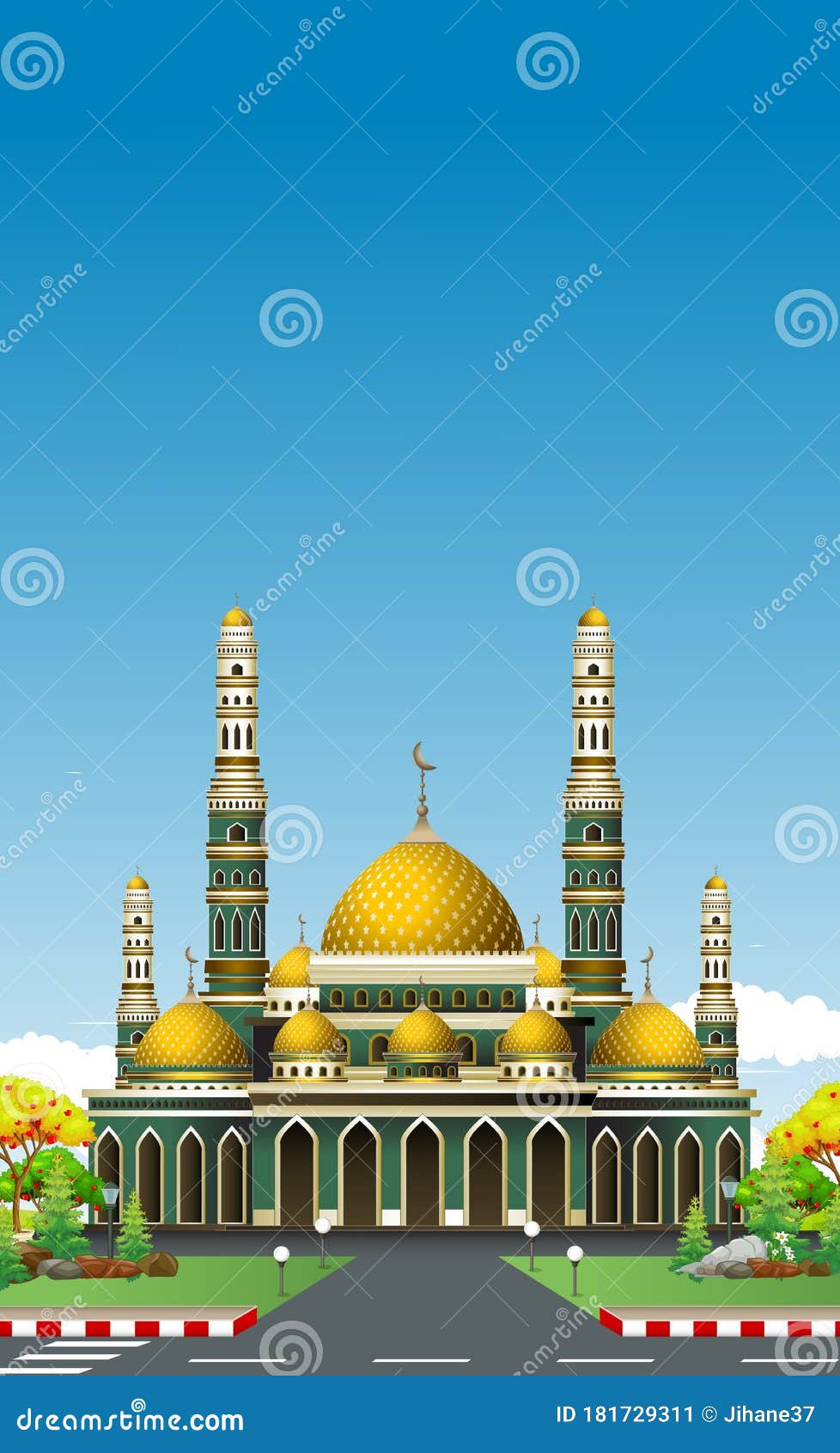 Mosque with Road and Trees stock illustration. Illustration of ...