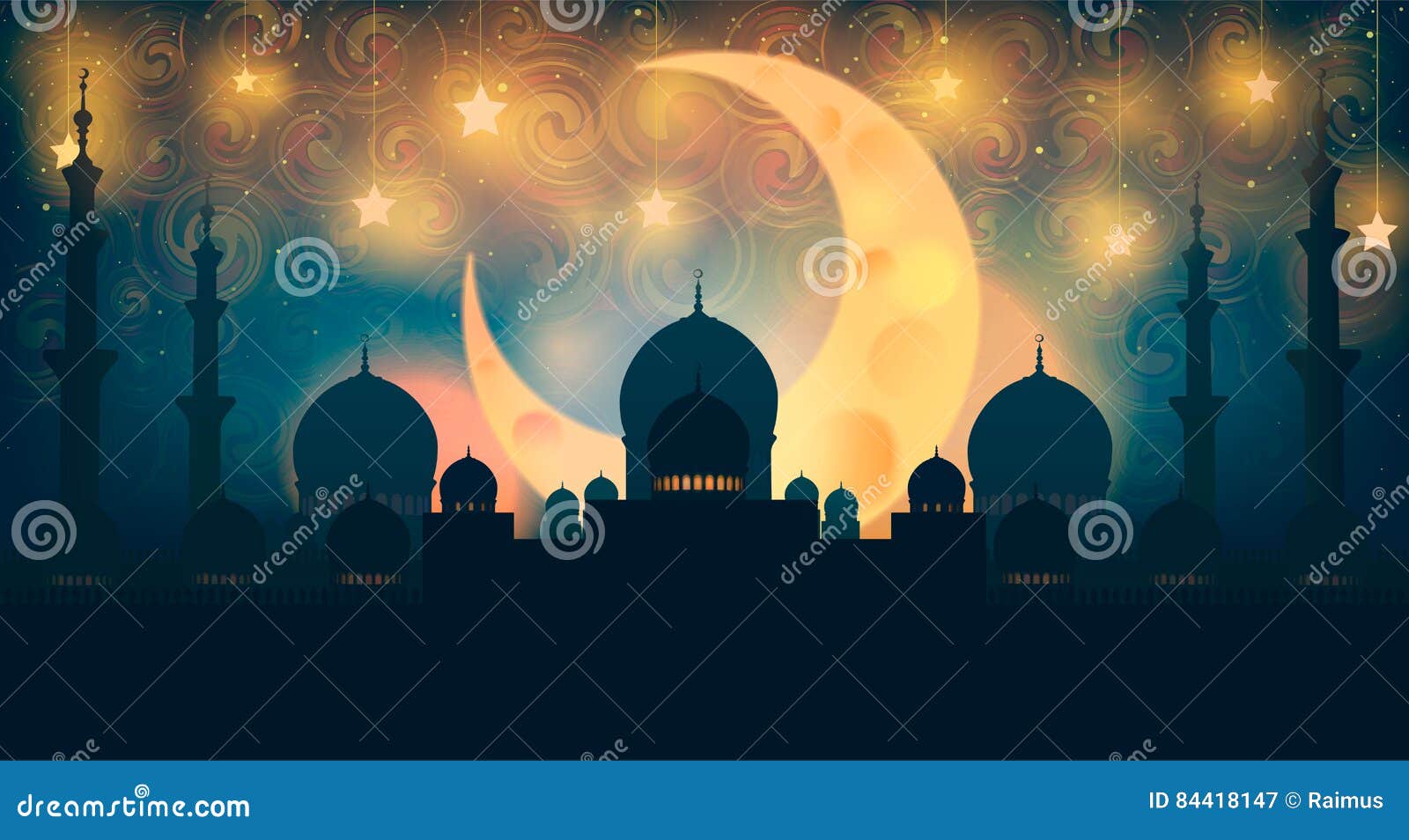 Mosque Silhouette in Night Sky with Crescent Moon and Star Stock Vector ...