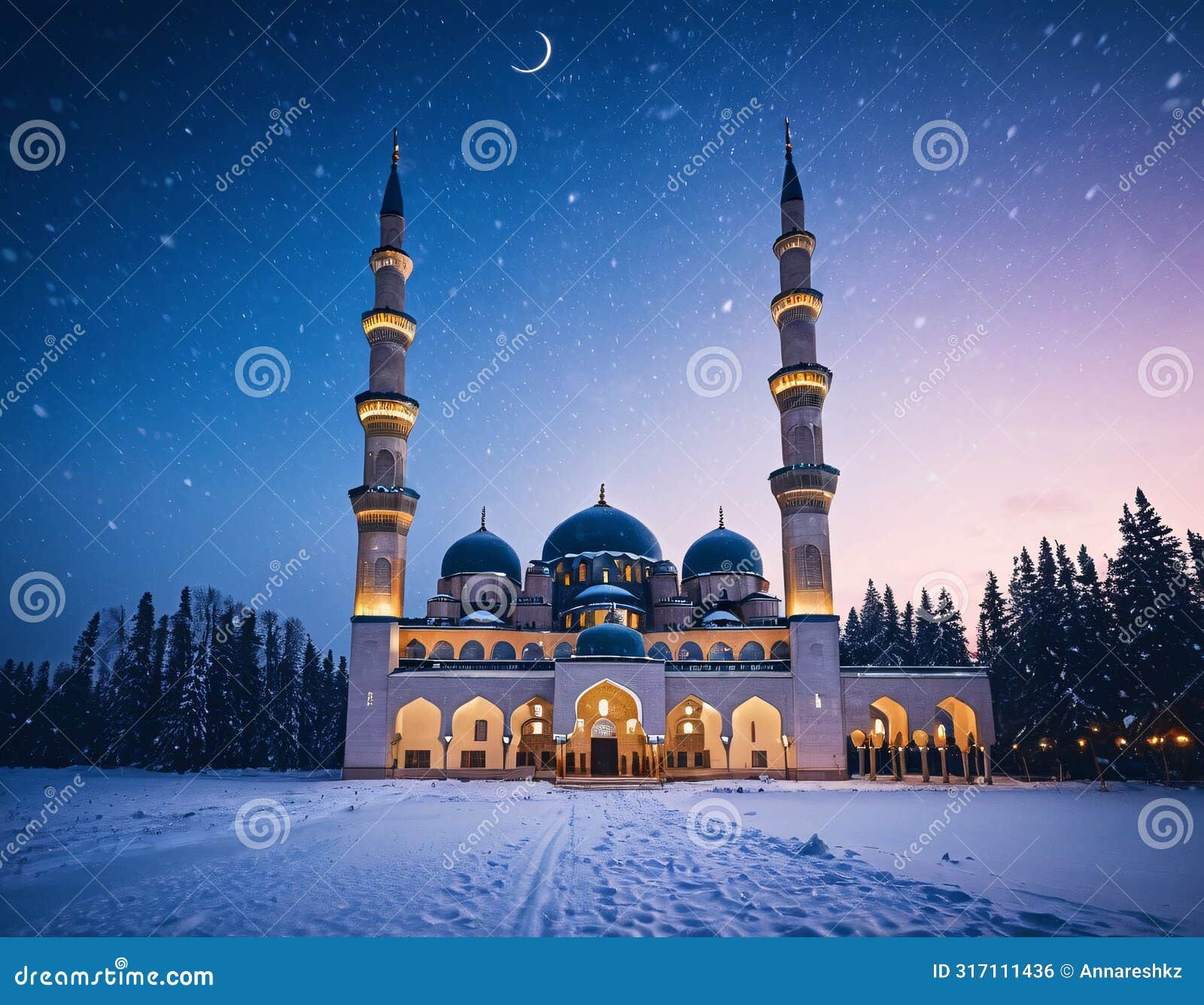 Mosque in Winter at Night. AI Generated. Stock Photo - Image of star ...