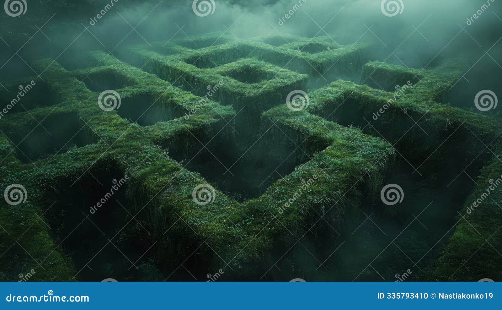 Moss Covered Labyrinth Shrouded in Mist, Mysterious Landscape Concept ...