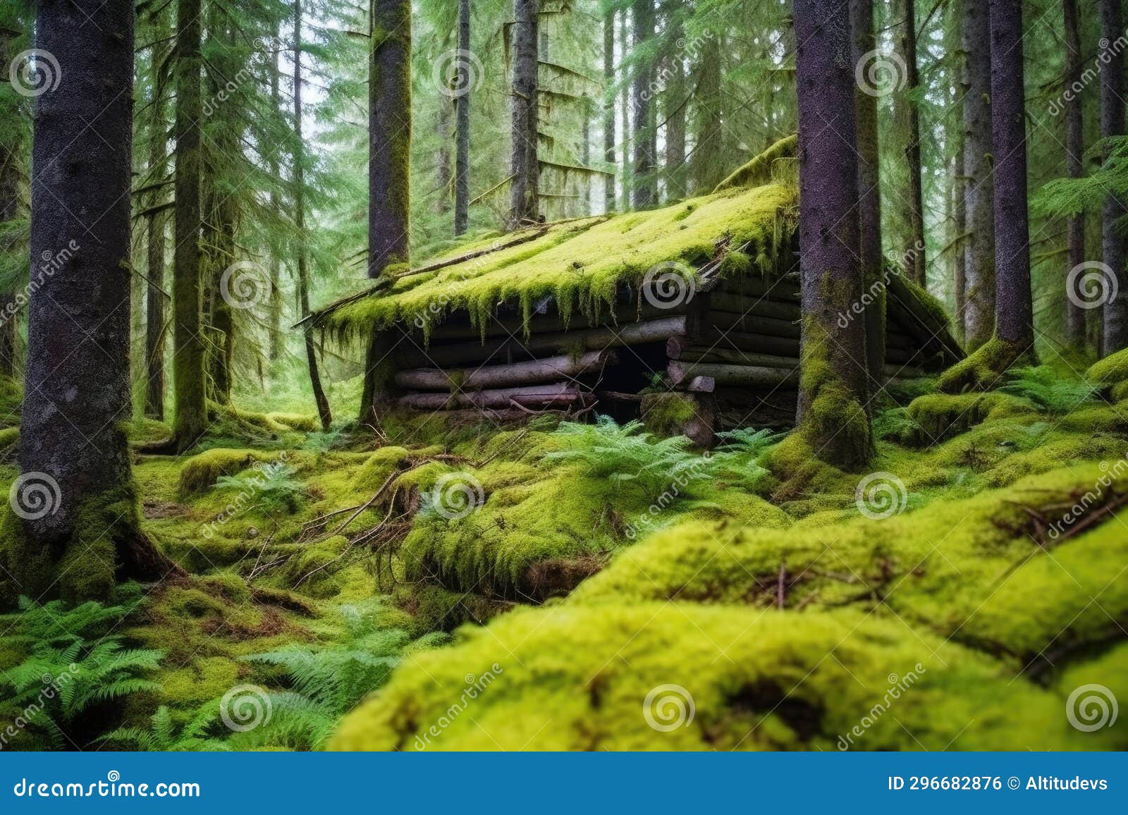 A Moss-covered Log Hut Nestled in an Evergreen Forest Stock Photo ...