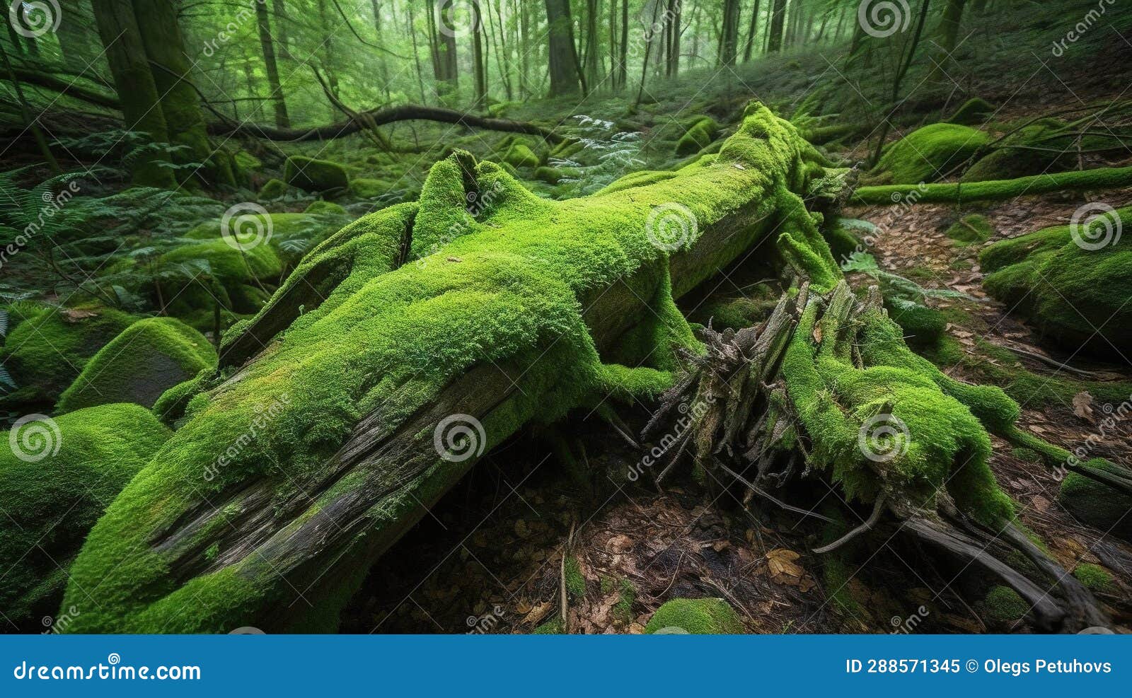A Moss Covered Log in the Middle of a Forest Filled with Trees Stock ...