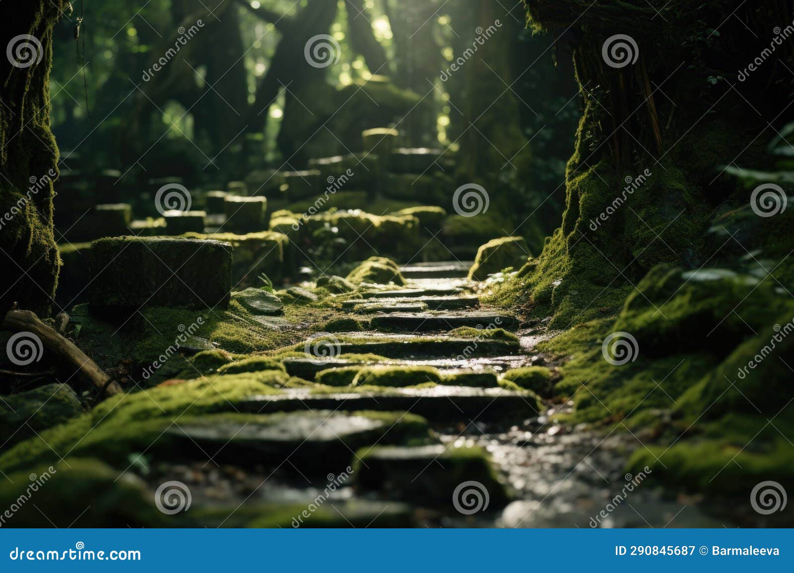 A Moss Covered Old Stone Pathway in a Forest. Mystic Atmosphere Stock ...