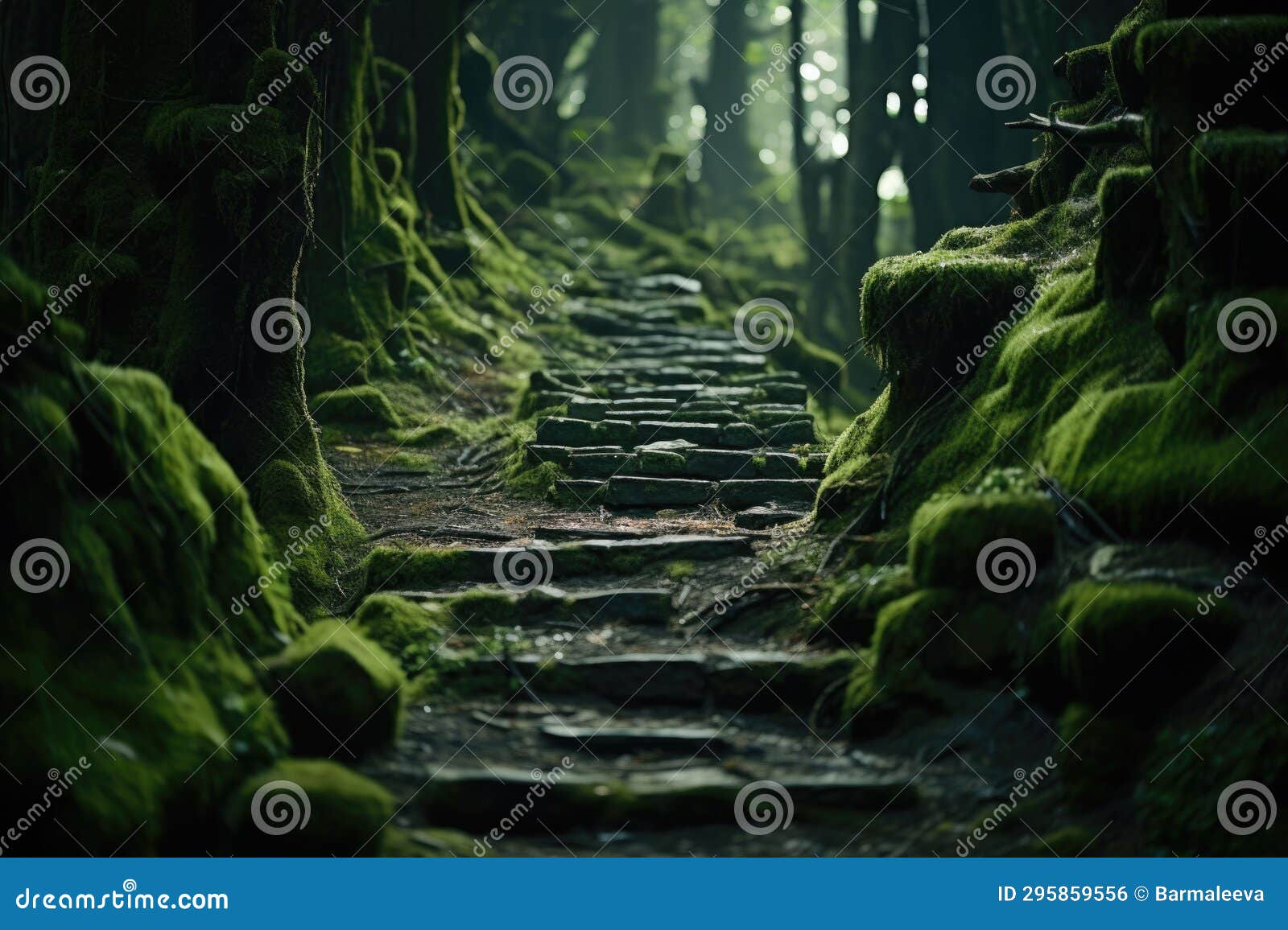 A Moss Covered Old Stone Pathway in a Forest. Mystic Atmosphere Stock ...