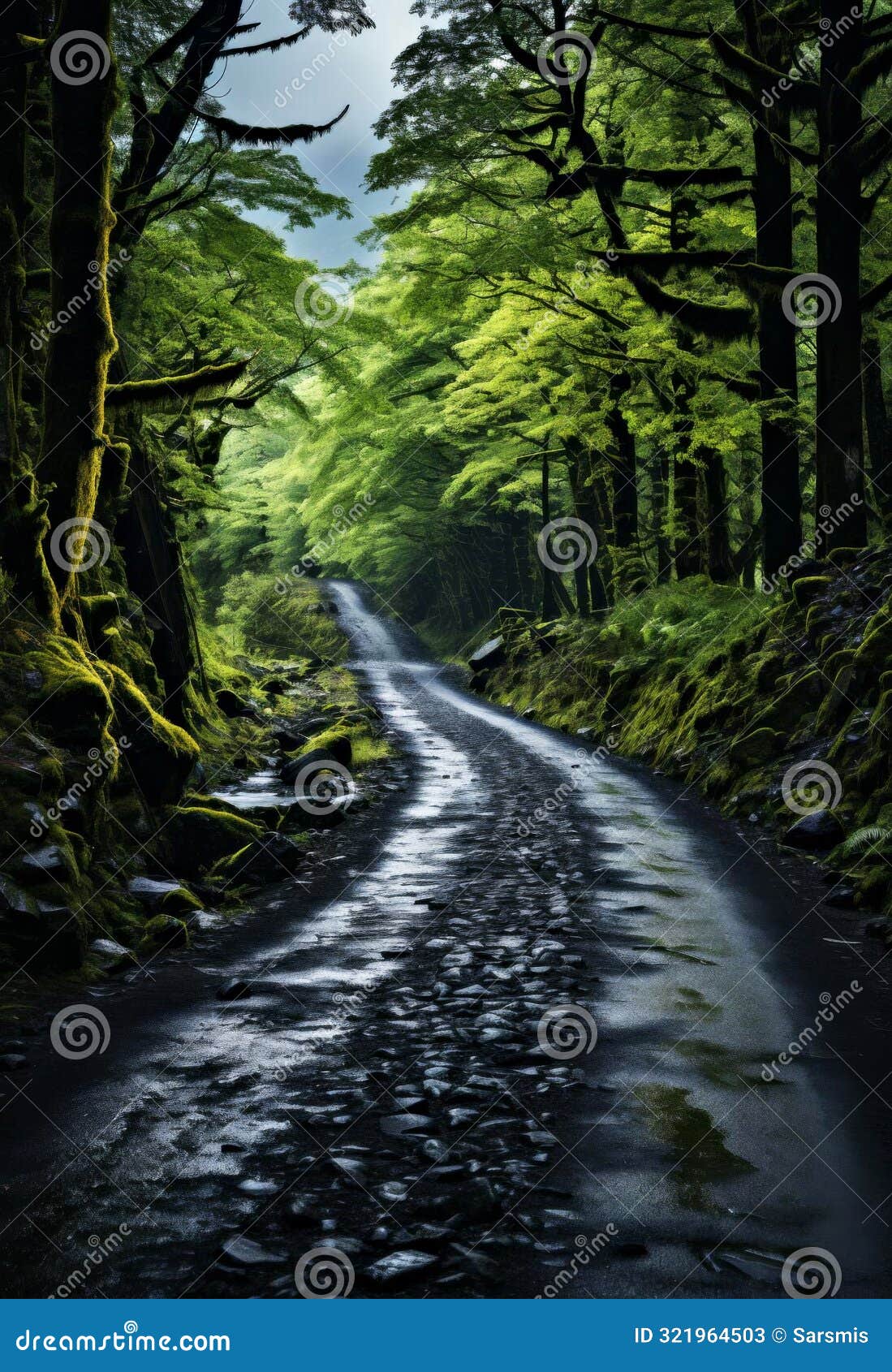 Moss-Covered Path through Lush Green Forest with Wet Cobblestone Road ...