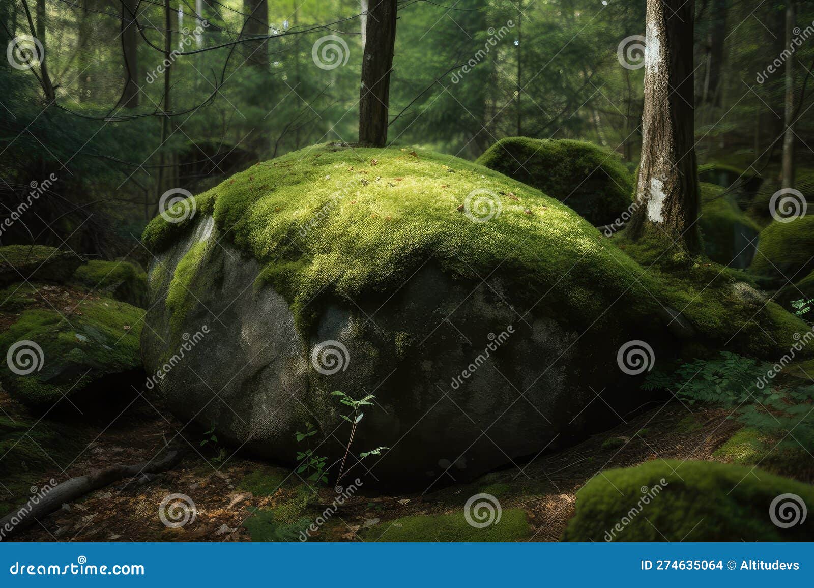 Moss-covered Rock in the Forest, Surrounded by Greenery Stock ...