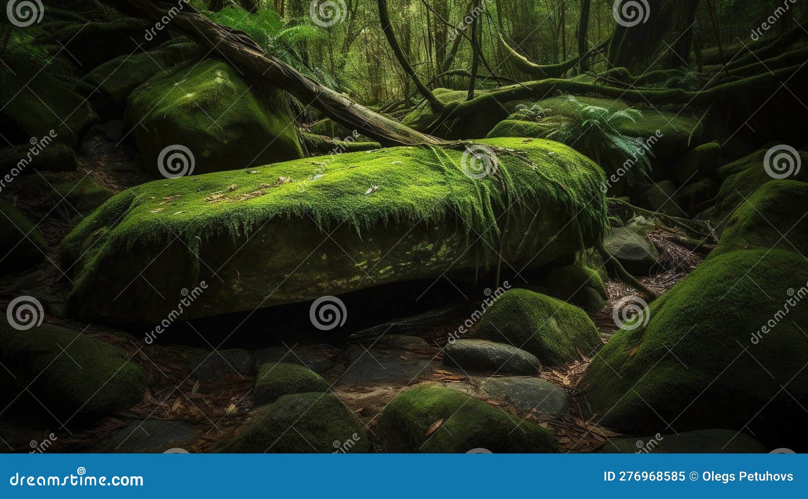 A Moss Covered Rock in the Middle of a Forest Filled with Rocks Stock ...