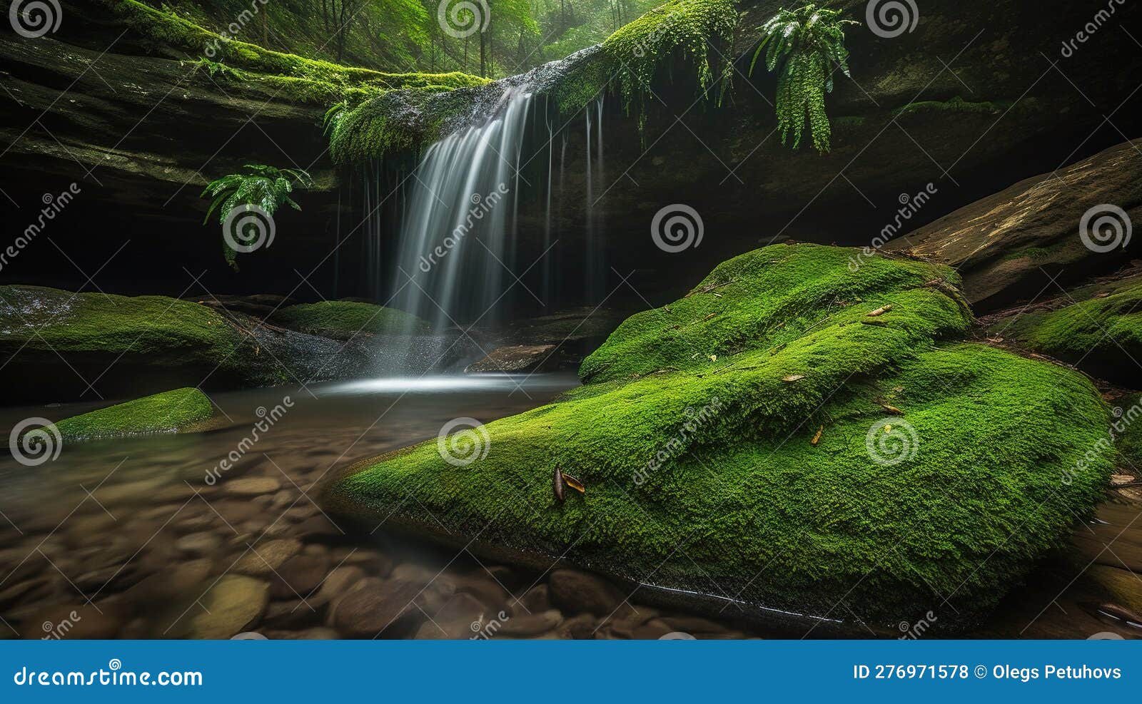 A Moss Covered Rock with a Waterfall Coming Out of it Stock ...