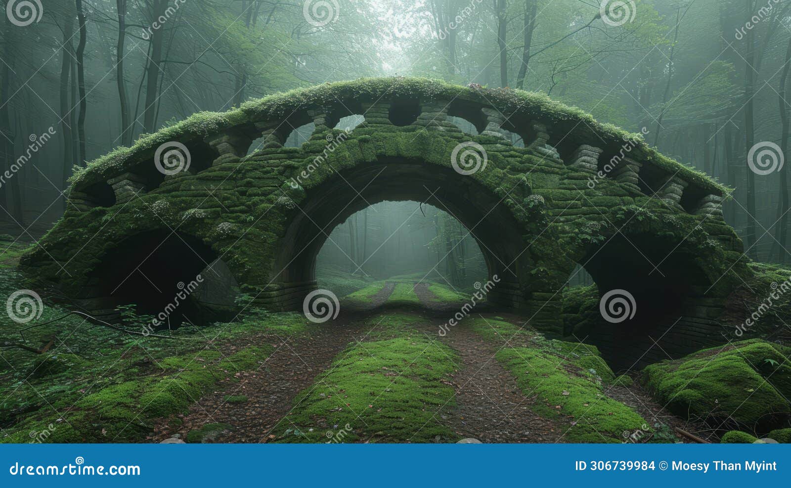 Moss Covered Stone Bridge in a Foggy Forest Stock Illustration ...