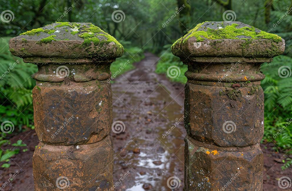 Moss-covered Stone Pillars in Lush Green Forest Stock Illustration ...