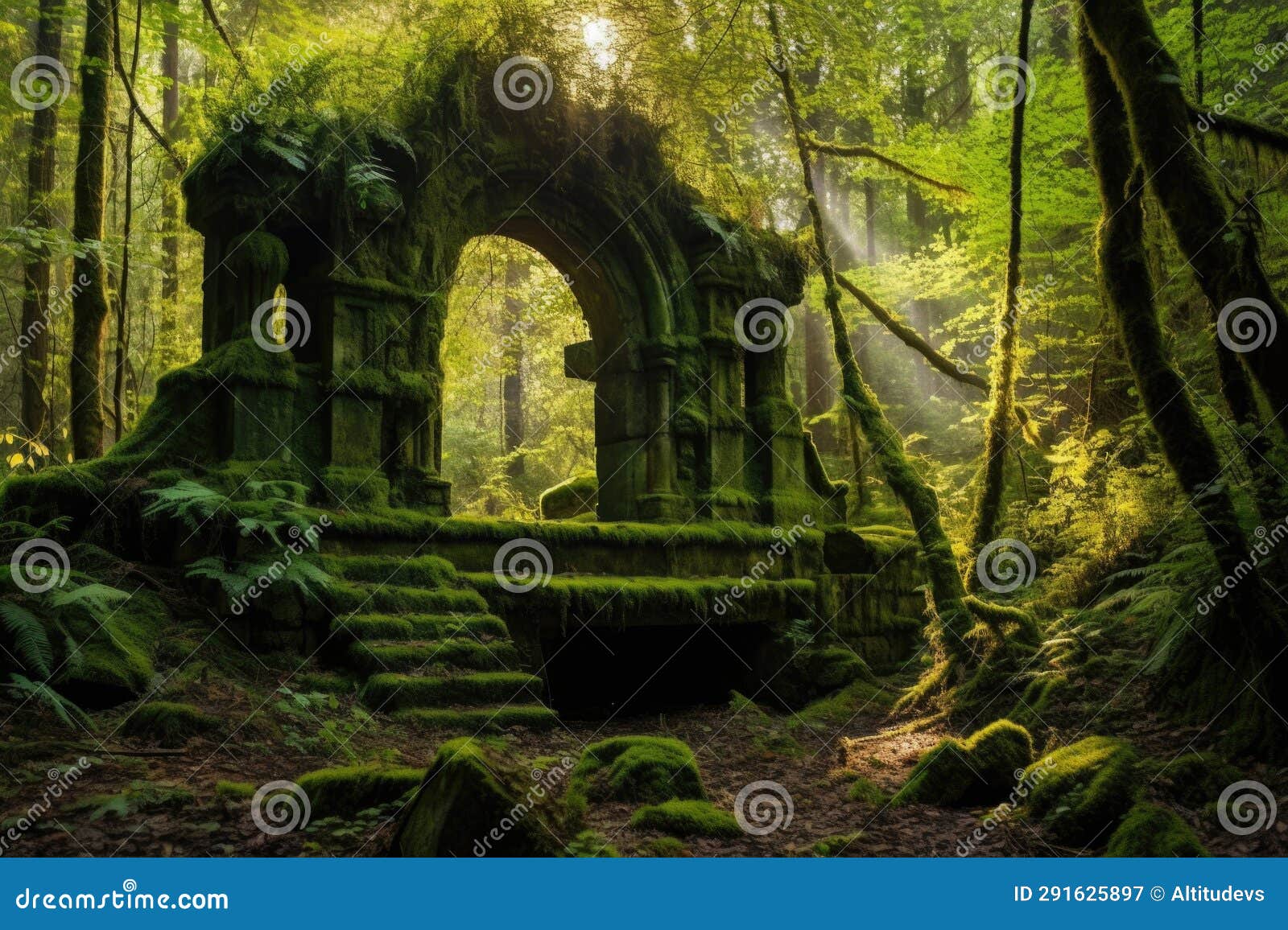 A Moss-covered Stone Stage in a Dense, Green Forest, Sunlight Peeking ...