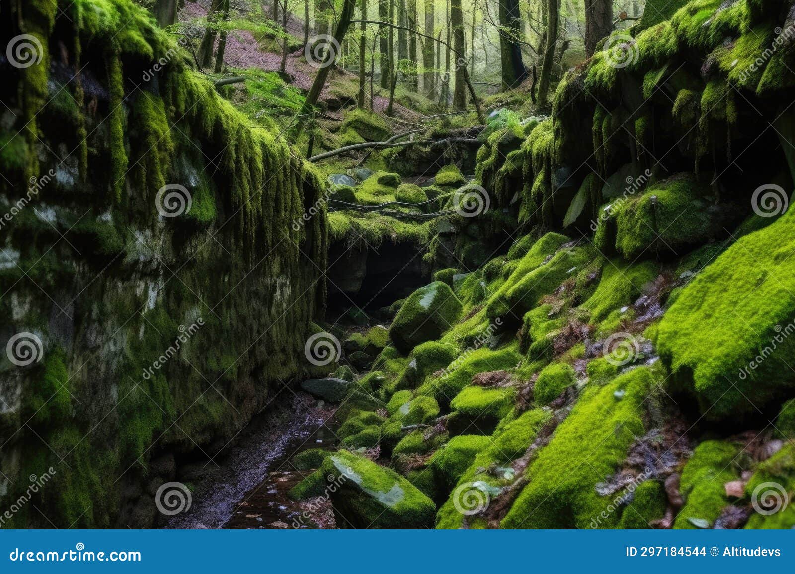 A Moss-covered Stone Wall within a Hidden Forest Cave Stock Photo ...