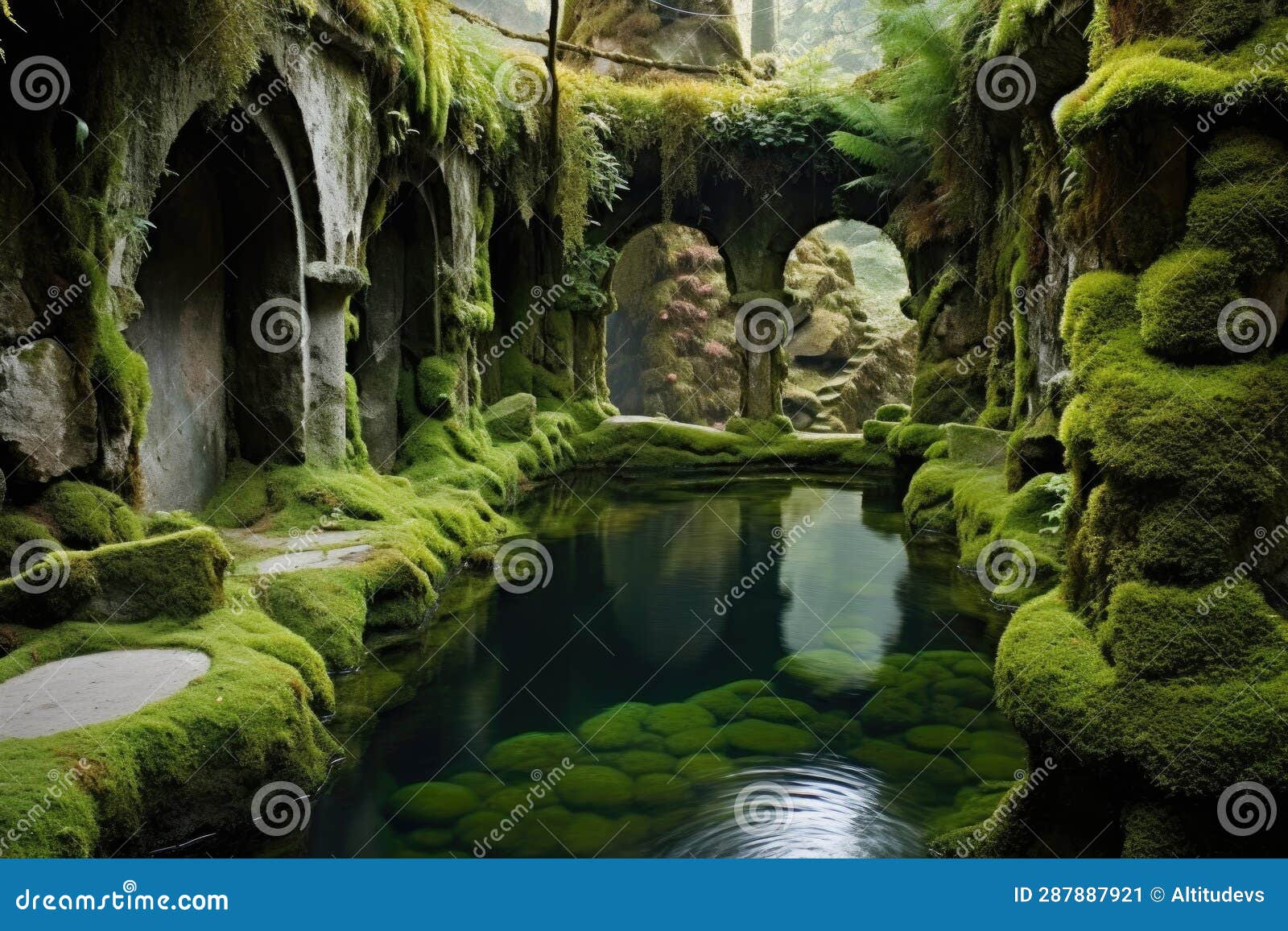 Moss-covered Stones Framing a Tranquil Natural Swimming Pool Stock ...
